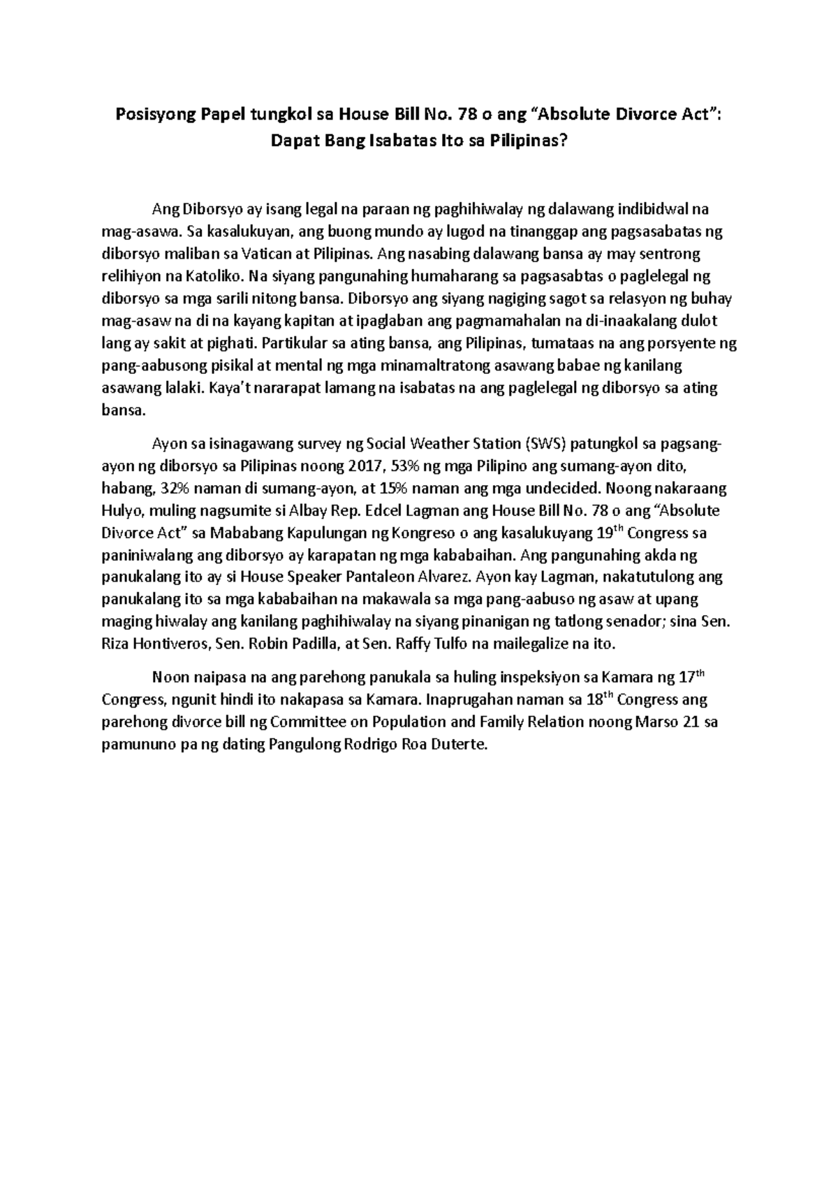 Posisyong Papel Tungkol sa Diborsyo sa Pilipinas - Posisyong Papel ...