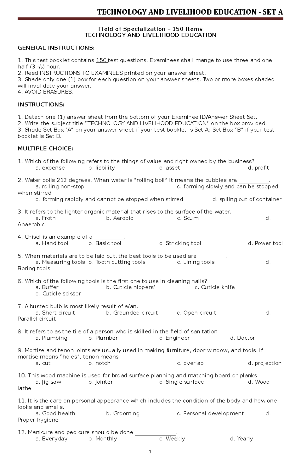 1643253896568 Tle-Exam-Set-A - Field of Specialization – 150 Items ...