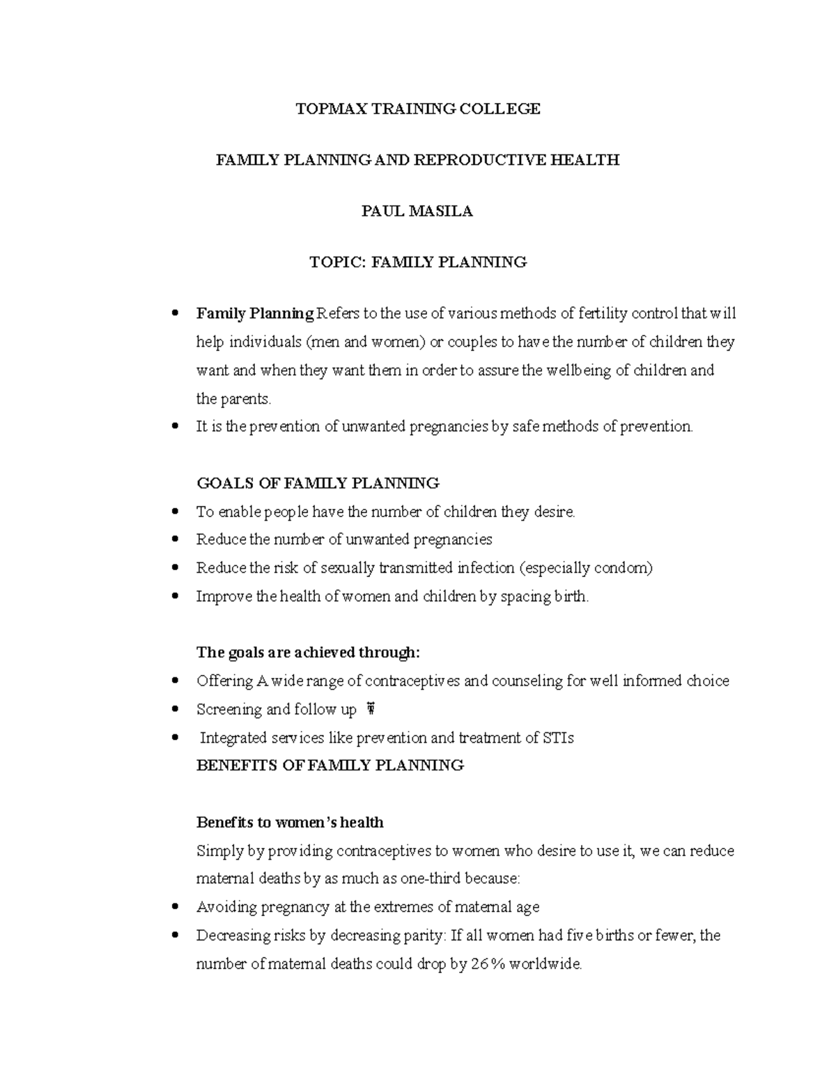 F Amily Planning - Huhuh - TOPMAX TRAINING COLLEGE FAMILY PLANNING AND ...