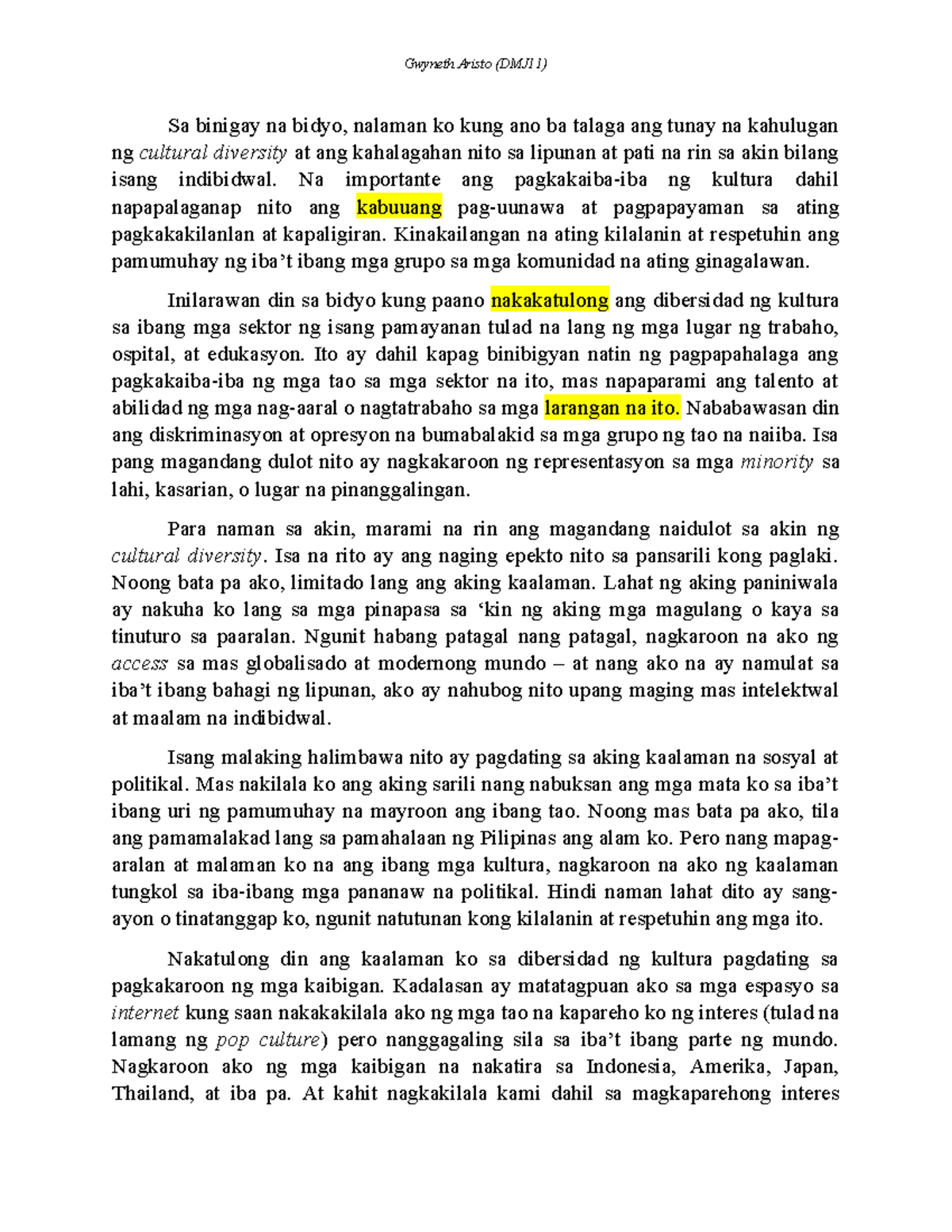 FILI101 Repleksyon sa Pinanood - Gwyneth Aristo (DMJ11) Sa binigay na ...