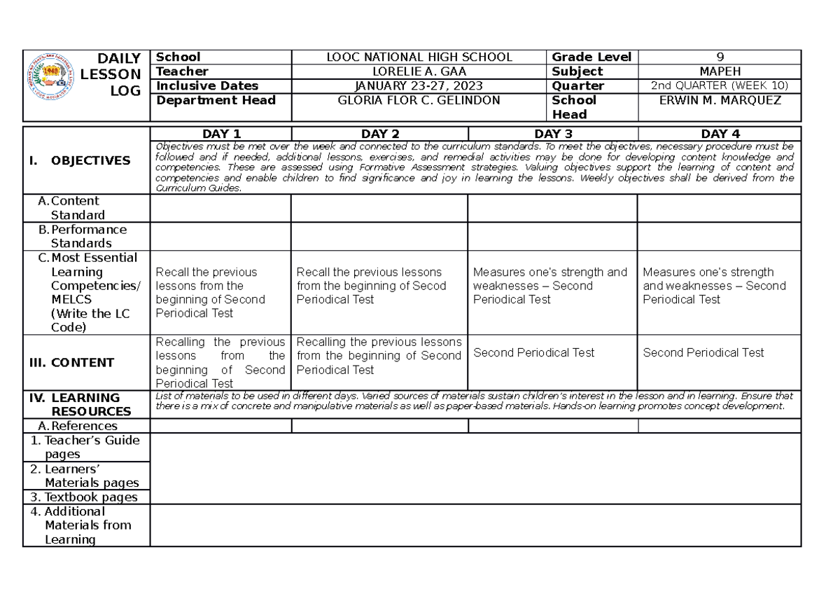 DLL Q2 WEEK 10 - qrqwrqw - DAILY LESSON LOG School LOOC NATIONAL HIGH ...