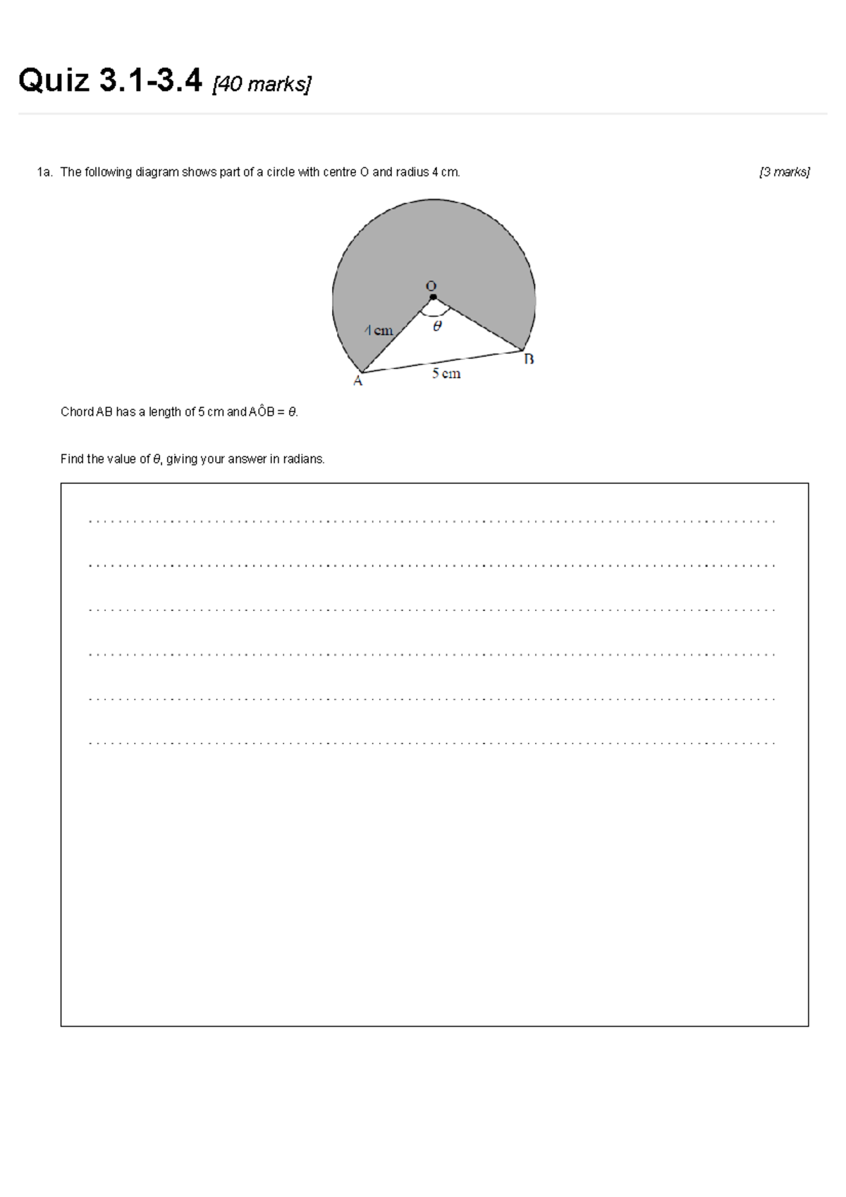 Quiz 3.1-3.4 - MATH - Quiz 3.1-3 [40 marks] 1a. Find the value of θ ...