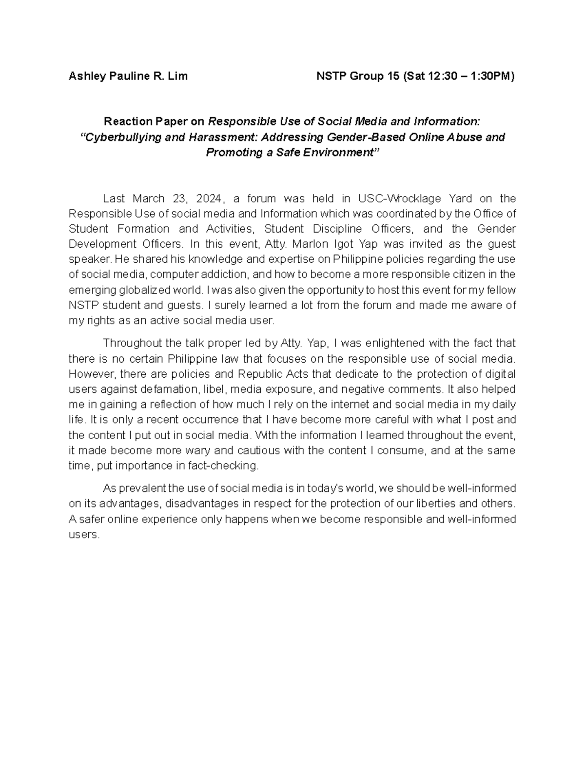 NSTP 2 Reaction Paper - Ashley Pauline R. Lim NSTP Group 15 (Sat 12:30 ...