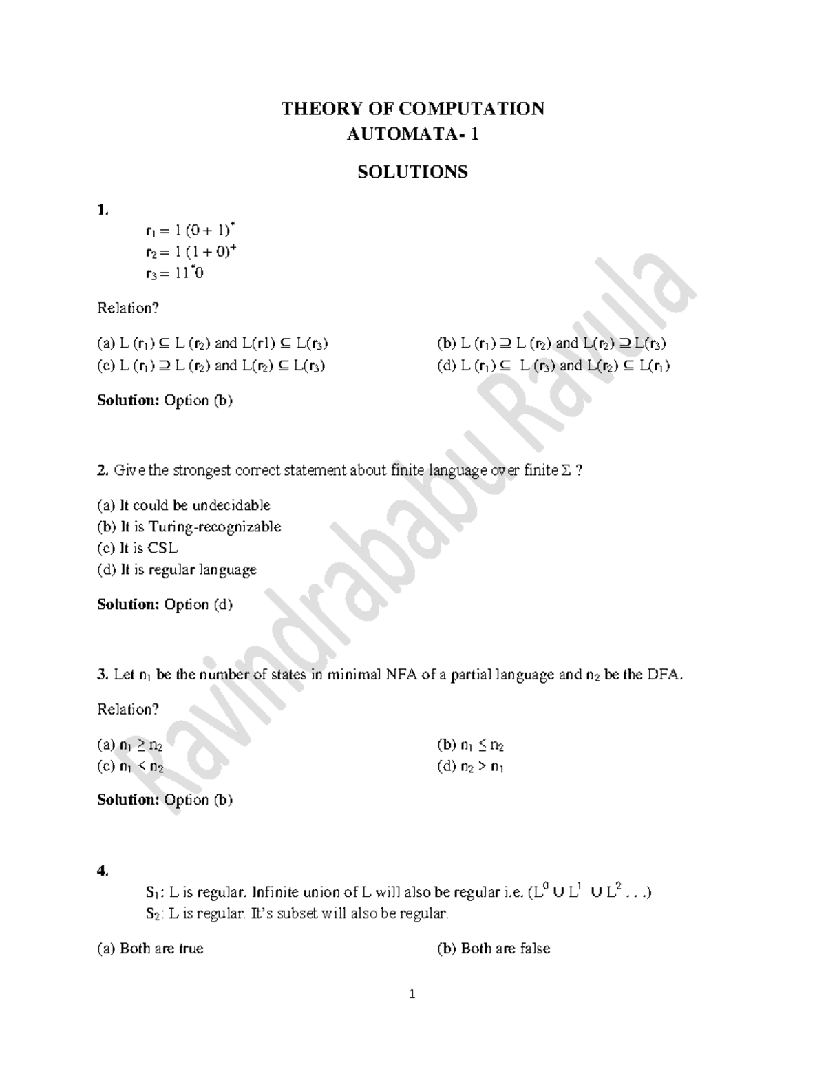4 - cse322 - THEORY OF COMPUTATION AUTOMATA- 1 SOLUTIONS 1. r 1 = 1 (0 + 1)* r 2 = 1 (1 + 0)+ r ...