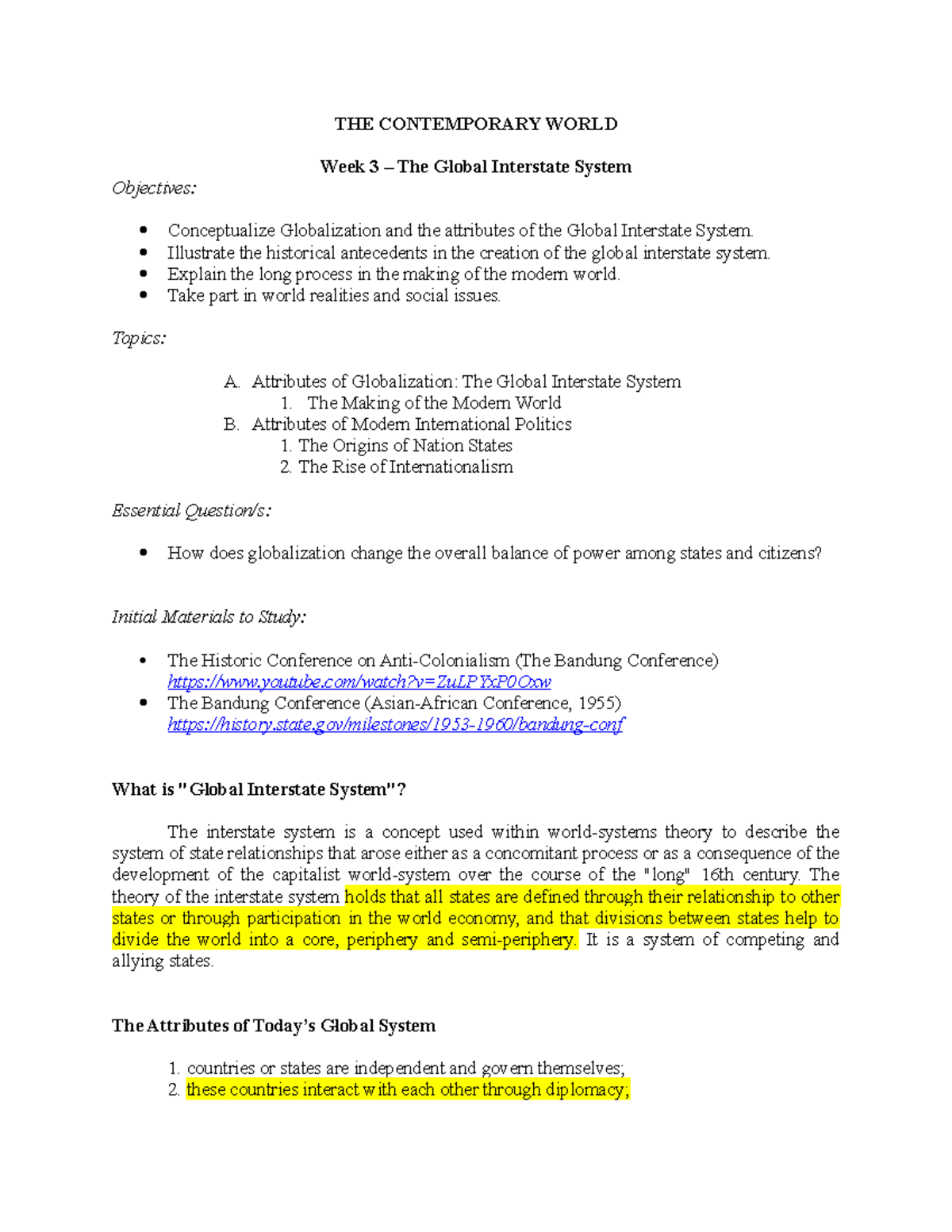 Week 3 - The Global Interstate System - THE CONTEMPORARY WORLD Week 3 ...