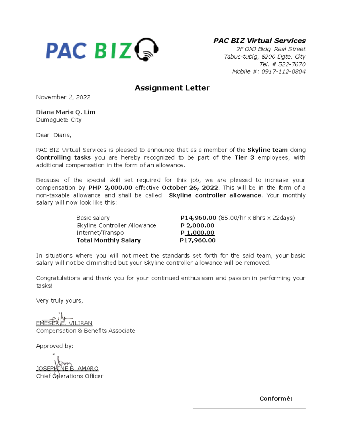 Allowance Assigment Letter Skyline - PAC BIZ Virtual Services 2F DNJ ...
