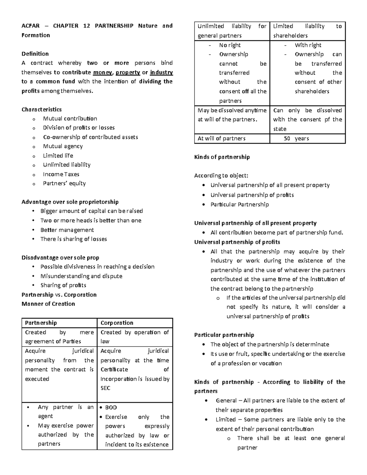 Acfar Prefinal Chapter 12 - ACFAR – CHAPTER 12 PARTNERSHIP Nature and ...