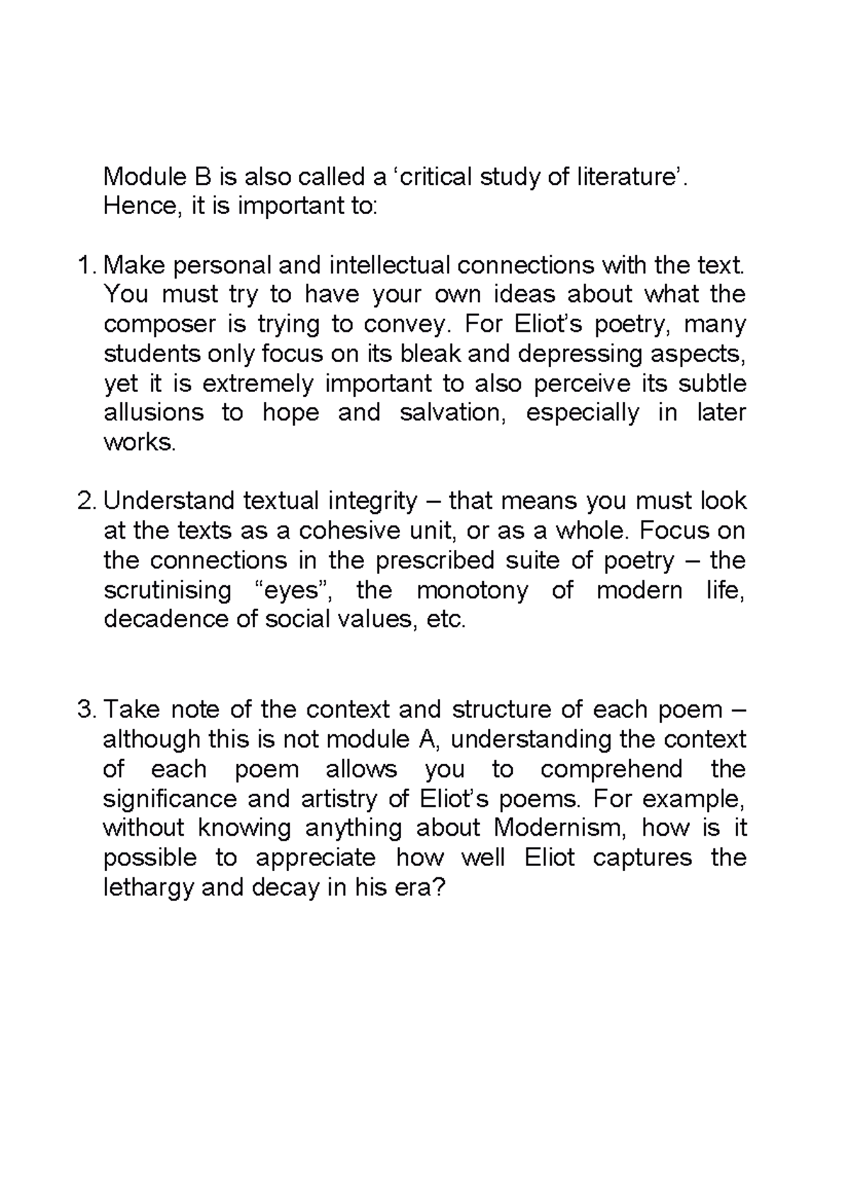 Reading 1 - Study notes - Module B is also called a ‘critical study of ...