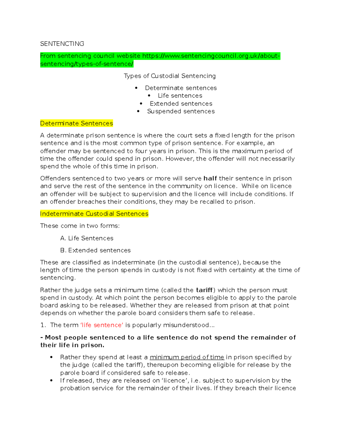 Types of Sentences - SENTENCTING From sentencing council website ...
