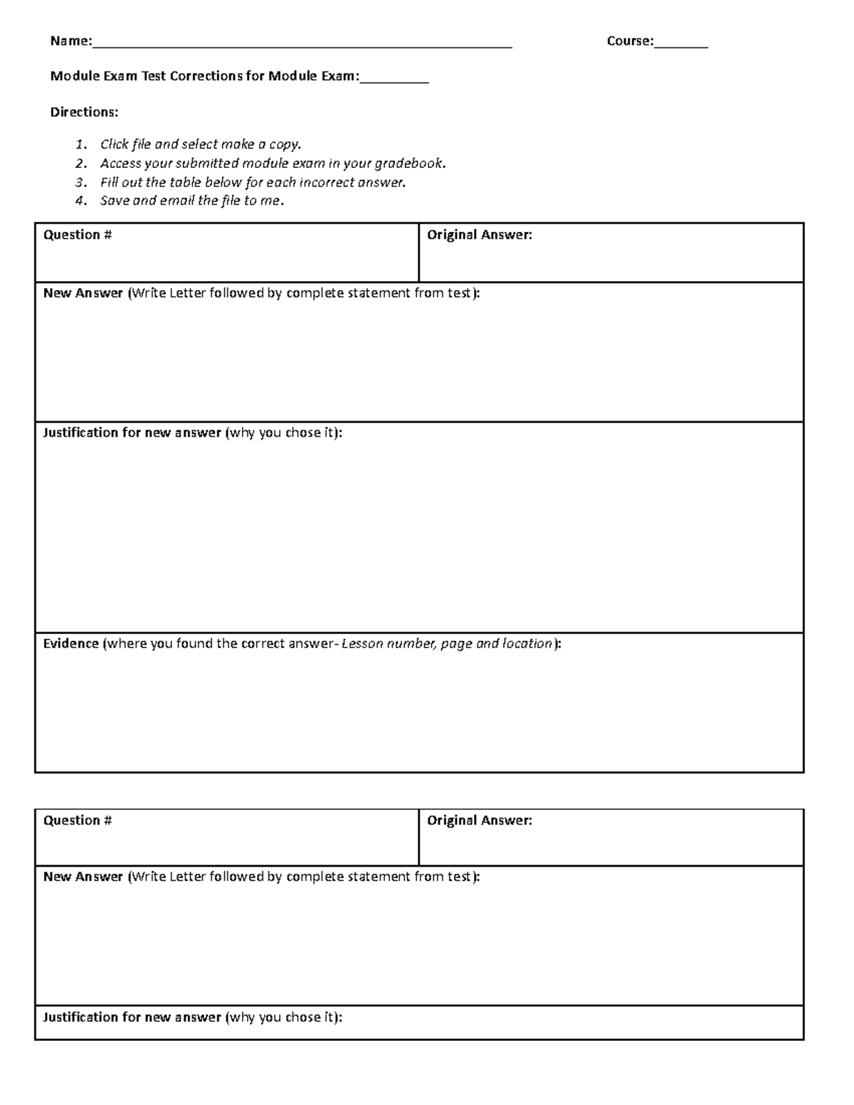 Test Correction Sheet - helpout - Name
