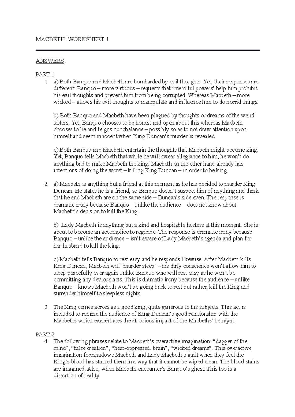 Macbeth Practical Worksheet 1 - MACBETH: WORKSHEET 1 ANSWERS: PART 1 a ...