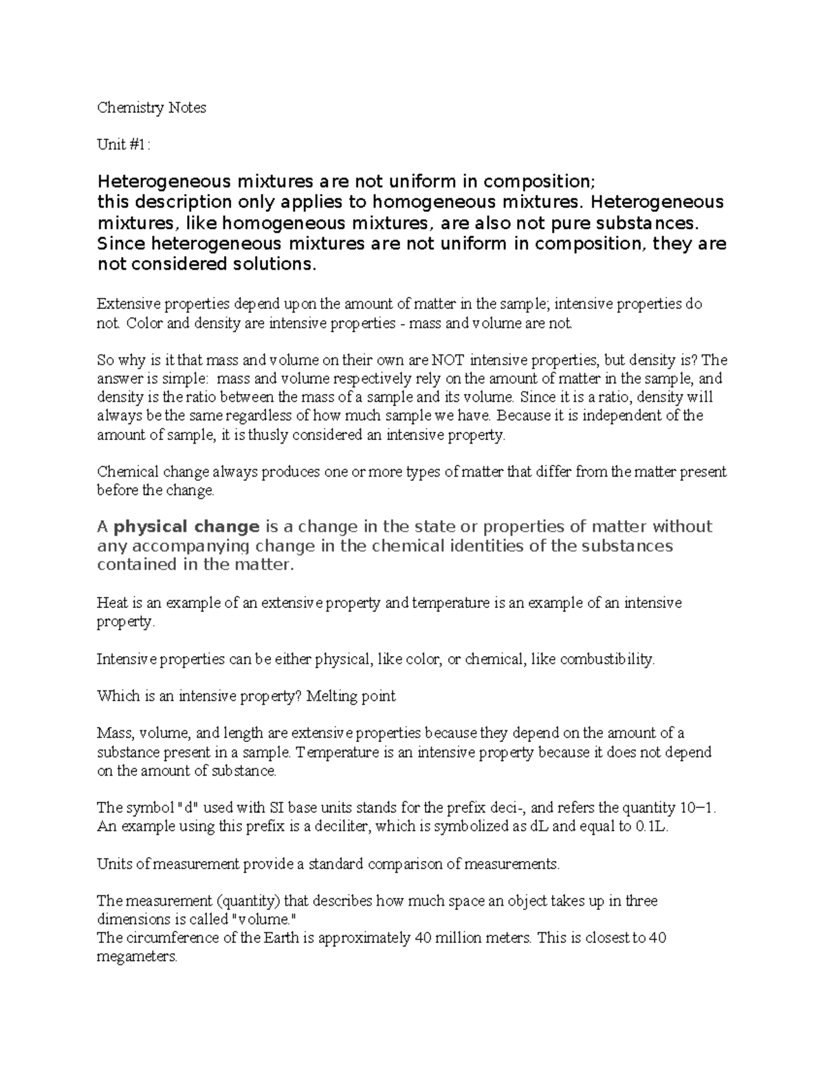 Chemistry Notes - Chemistry Notes Unit #1: Heterogeneous mixtures are ...