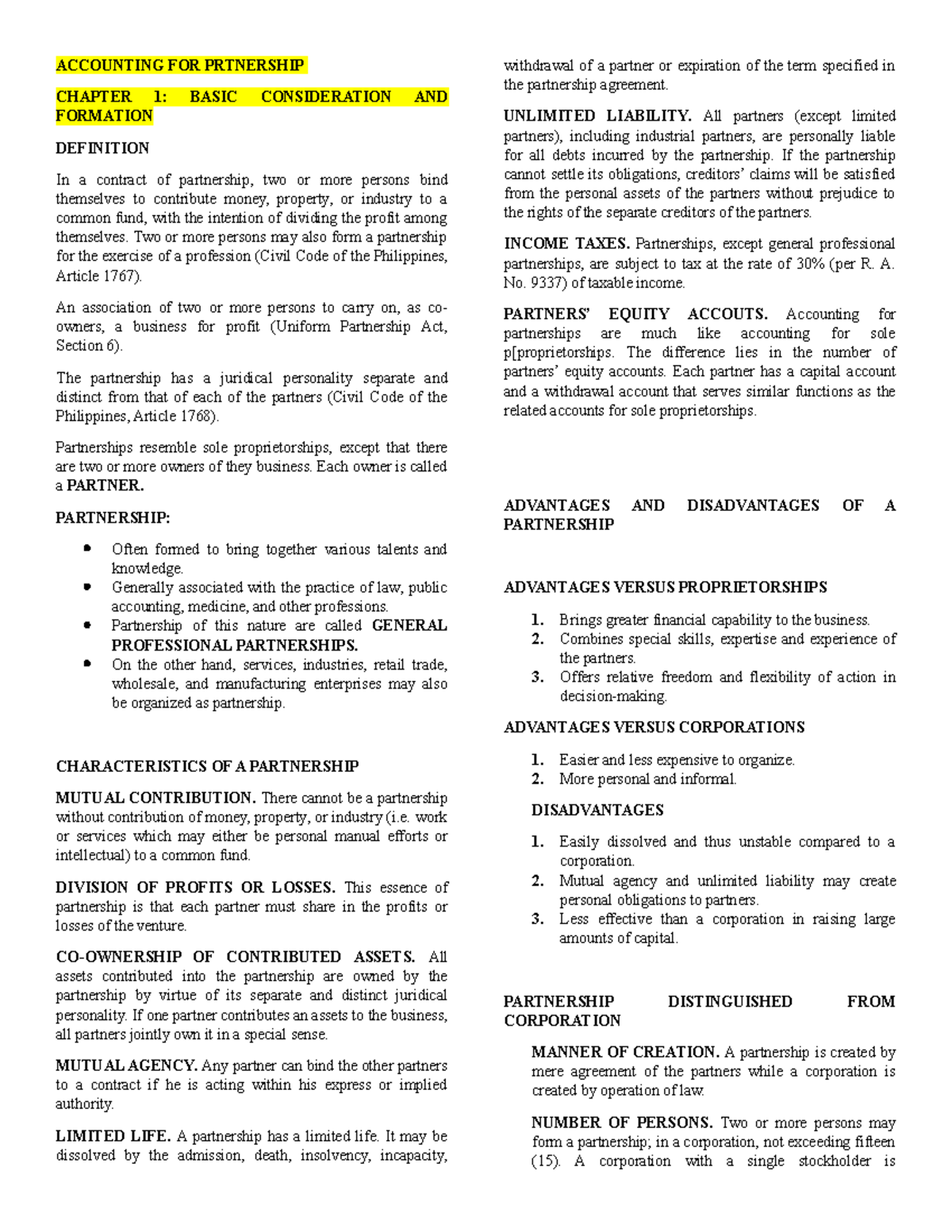 BOOK 2- Par Cor - dsdgg - ACCOUNTING FOR PRTNERSHIP CHAPTER 1: BASIC CONSIDERATION AND FORMATION ...