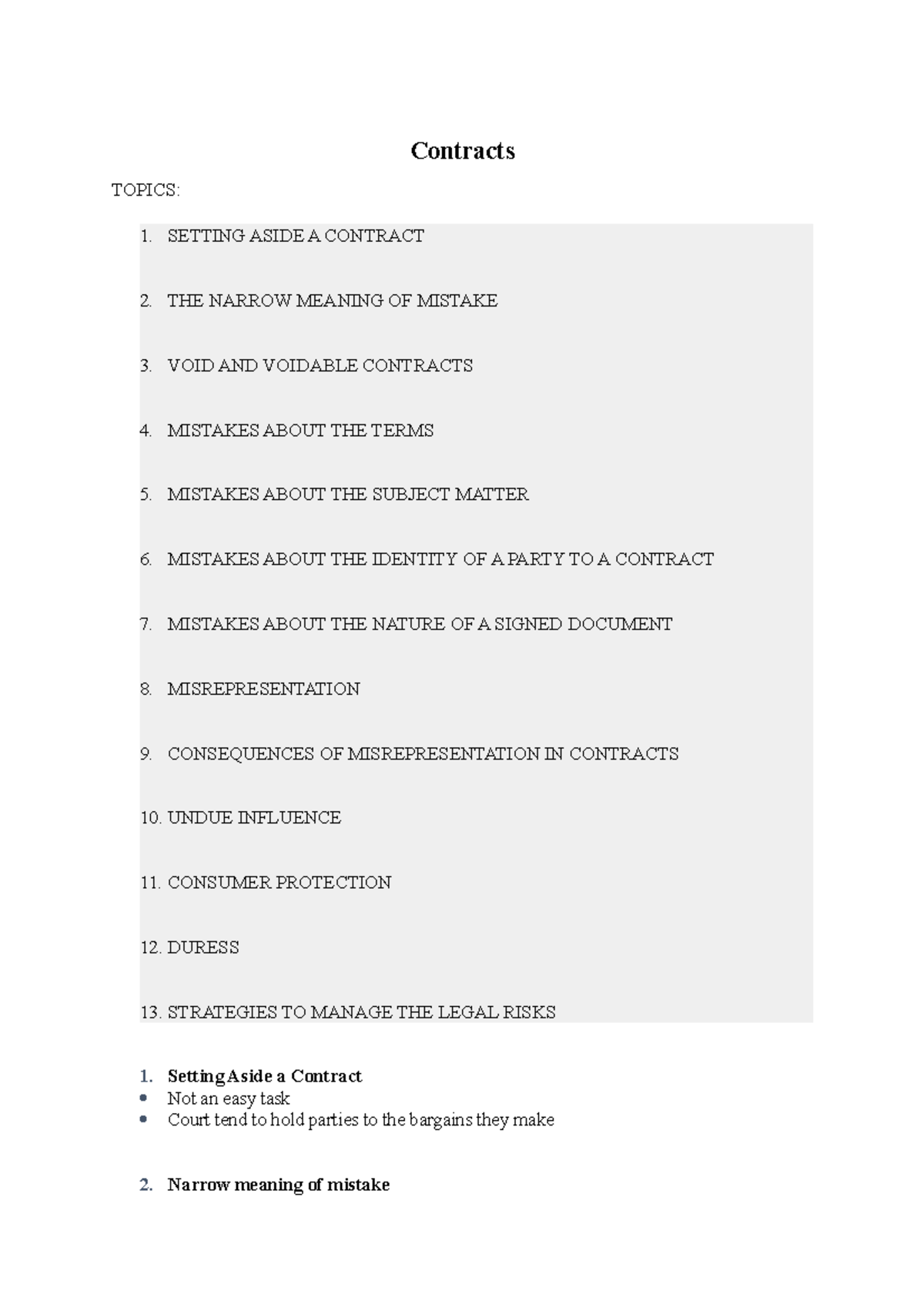 Contracts - Contracts TOPICS: 1. SETTING ASIDE A CONTRACT 2. THE NARROW ...