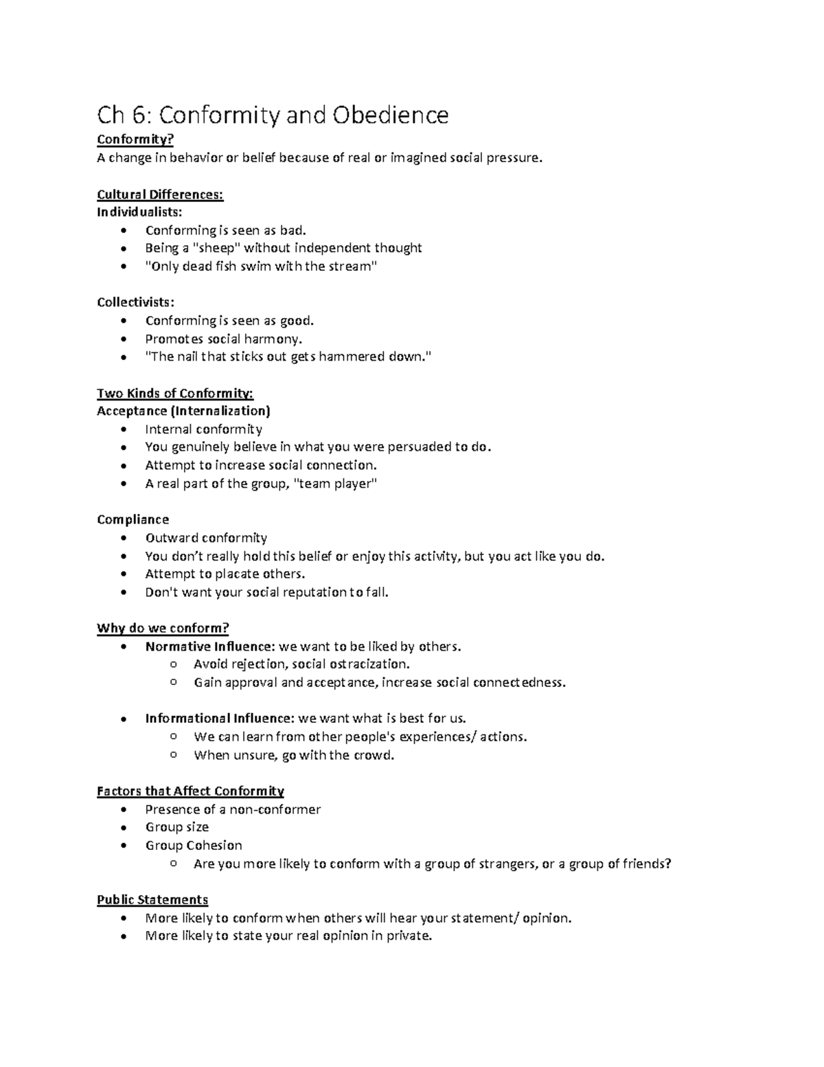 Psych Conformity - Notes. - Ch 6: Conformity and Obedience Conformity ...