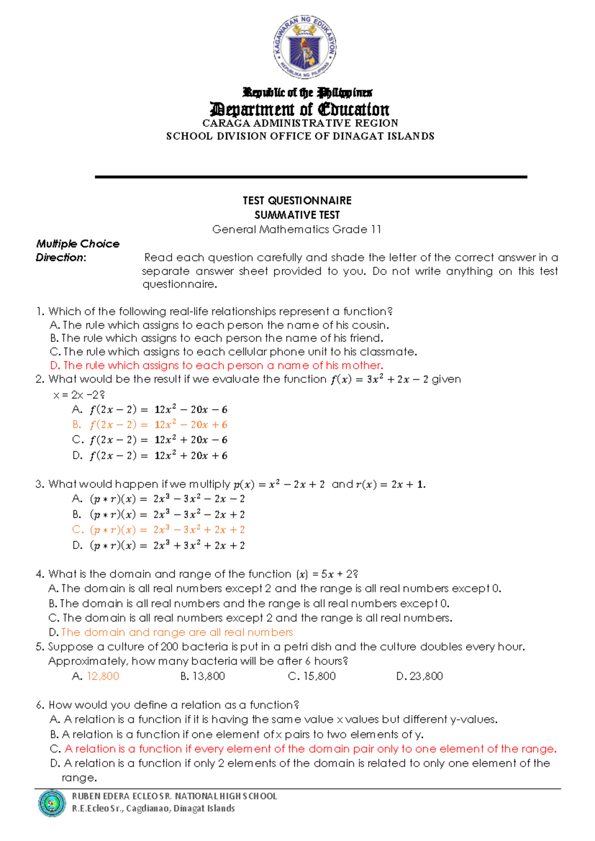 GEN. MATH Summative WITH answerkey - RUBEN EDERA ECLEO SR. NATIONAL ...