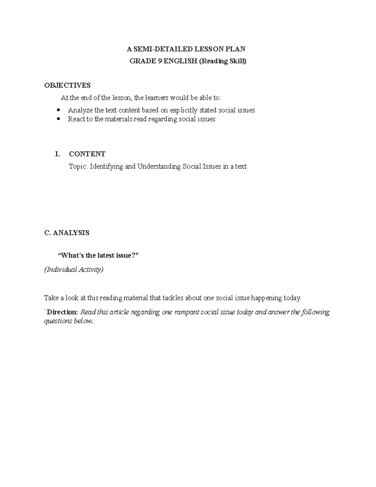 TASK 3 Audio OR Visual - A SEMI-DETAILED LESSON PLAN GRADE 9 ENGLISH ...