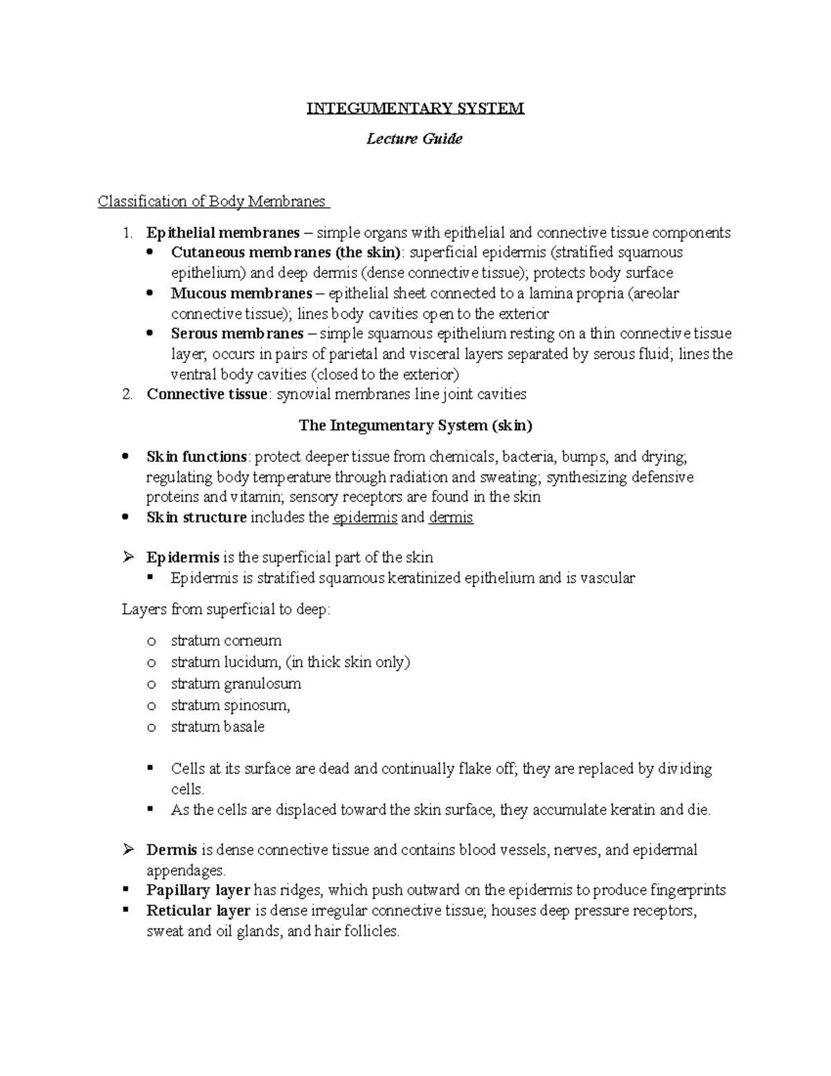 Integumentary System Lecture Guide Lecture 101 - INTEGUMENTARY SYSTEM ...
