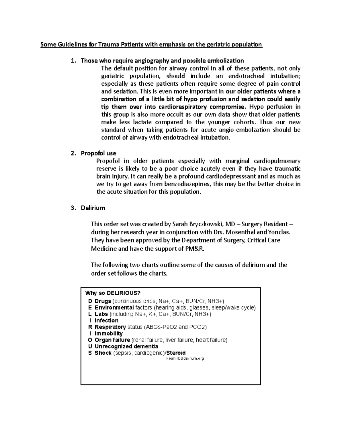 Delirium Protocol - Some Guidelines for Trauma Patients with emphasis ...