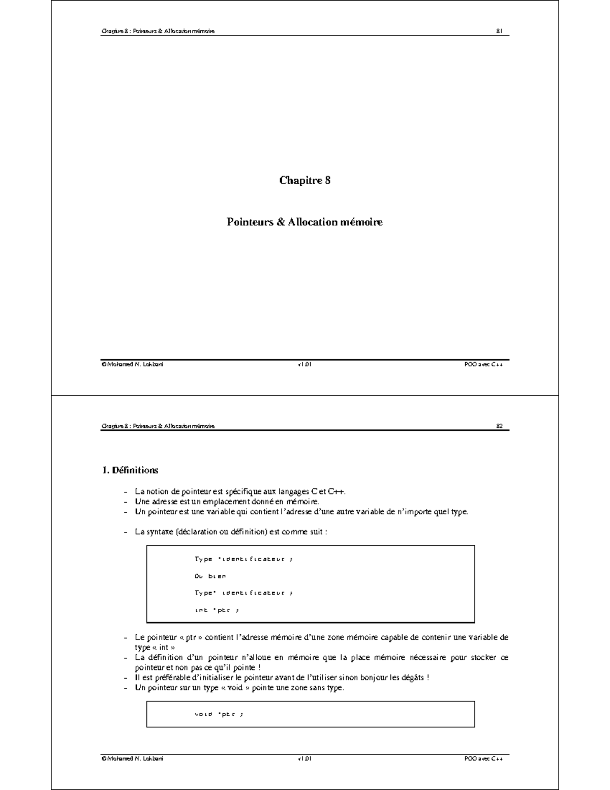 Ofpptmaroc - Pointeurs et allocation mémoire - © Mohamed N. Lokbani v1 POO avec C++ Chapitre 8 ...