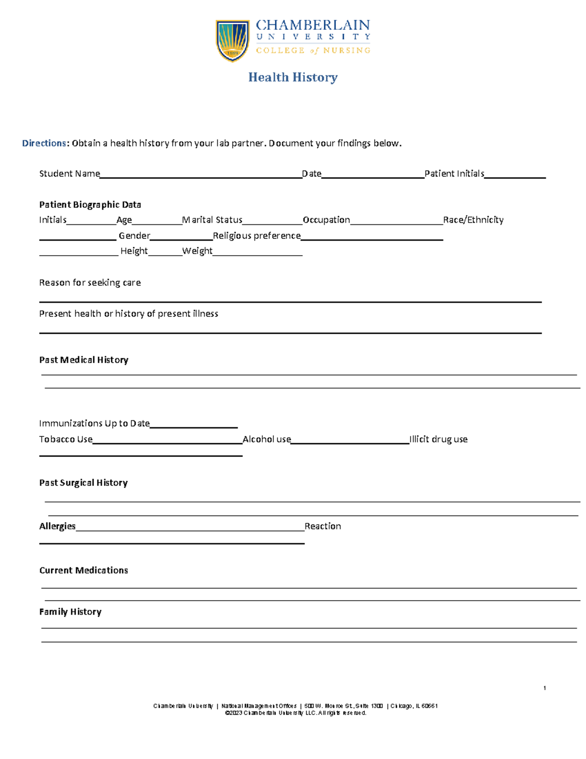 Health History - WEEK 1 lab work - 1 Health History 11 Chamberlain ...