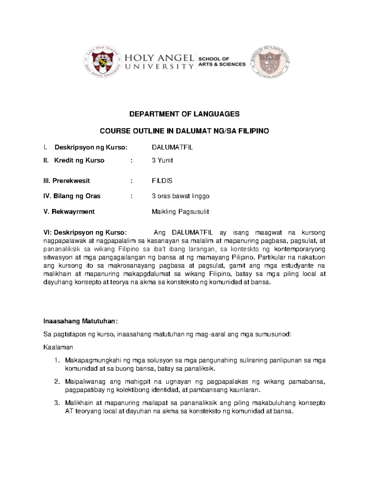 Dalumatfil - N/A - DEPARTMENT OF LANGUAGES COURSE OUTLINE IN DALUMAT NG ...