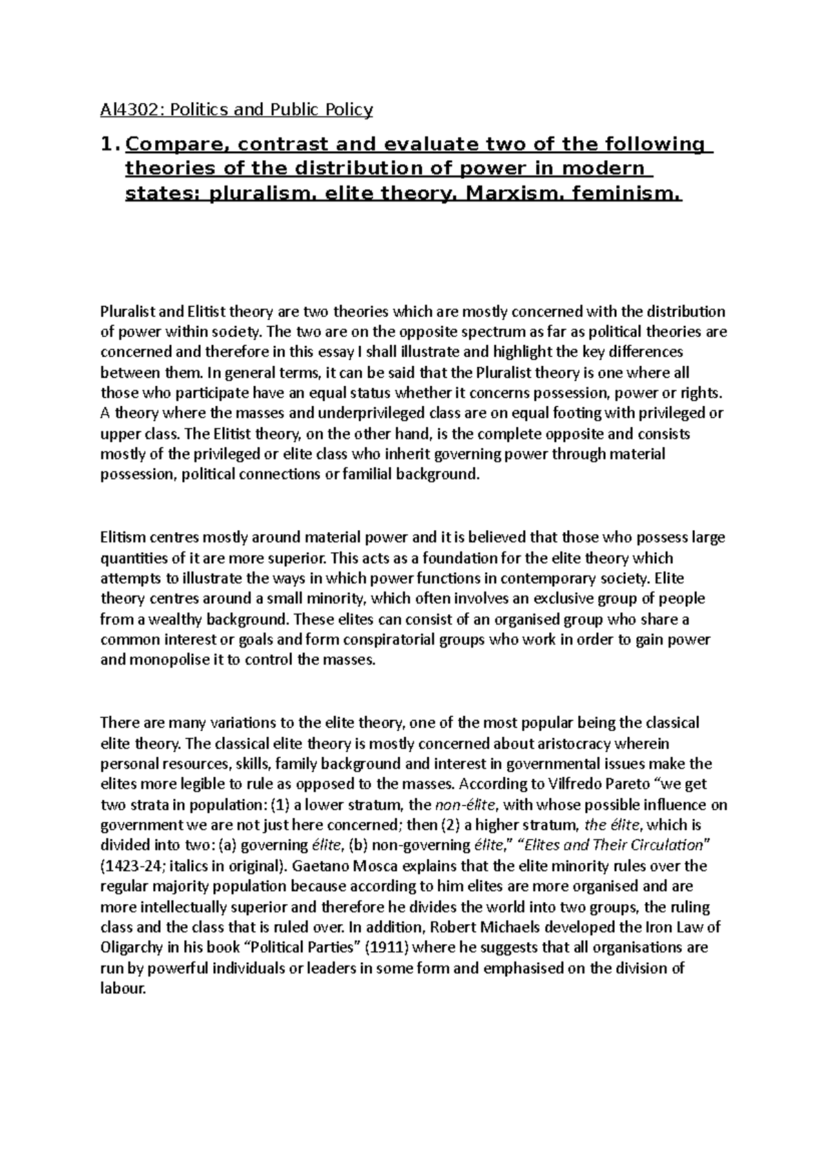 Pluralism Vs Elitism - Grade: 68 - Al4302: Politics and Public Policy 1 ...