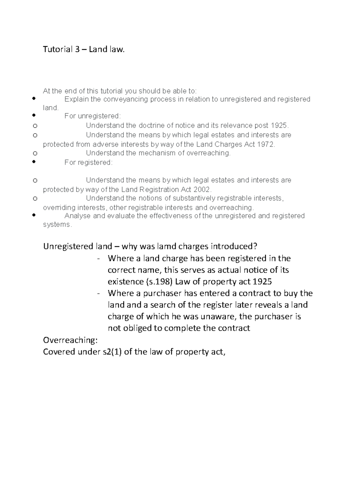 Tutorial 3 land law - Tutorial 3 – Land law. At the end of this ...