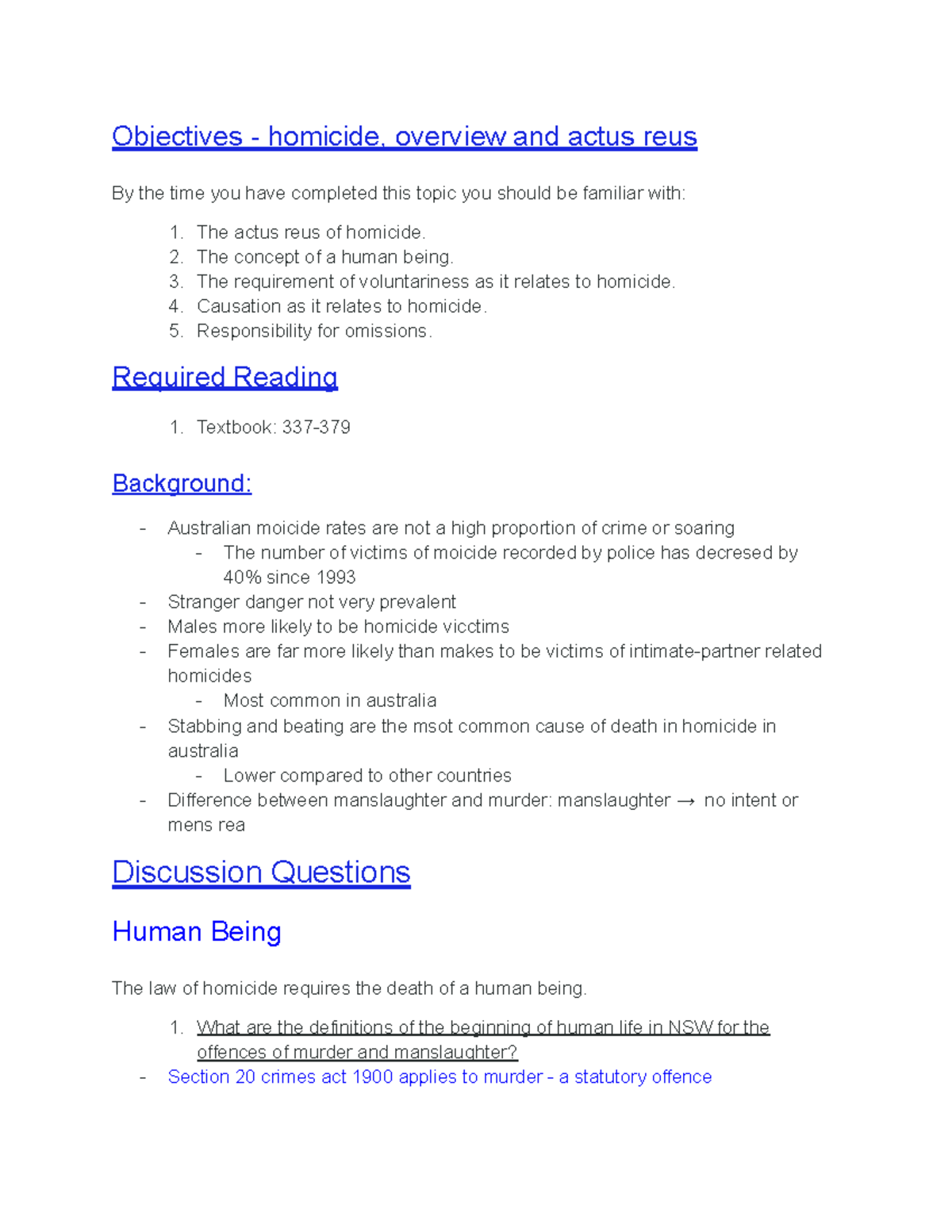 Clap (m2) 2b homicide overview and actus reus - Objectives - homicide ...