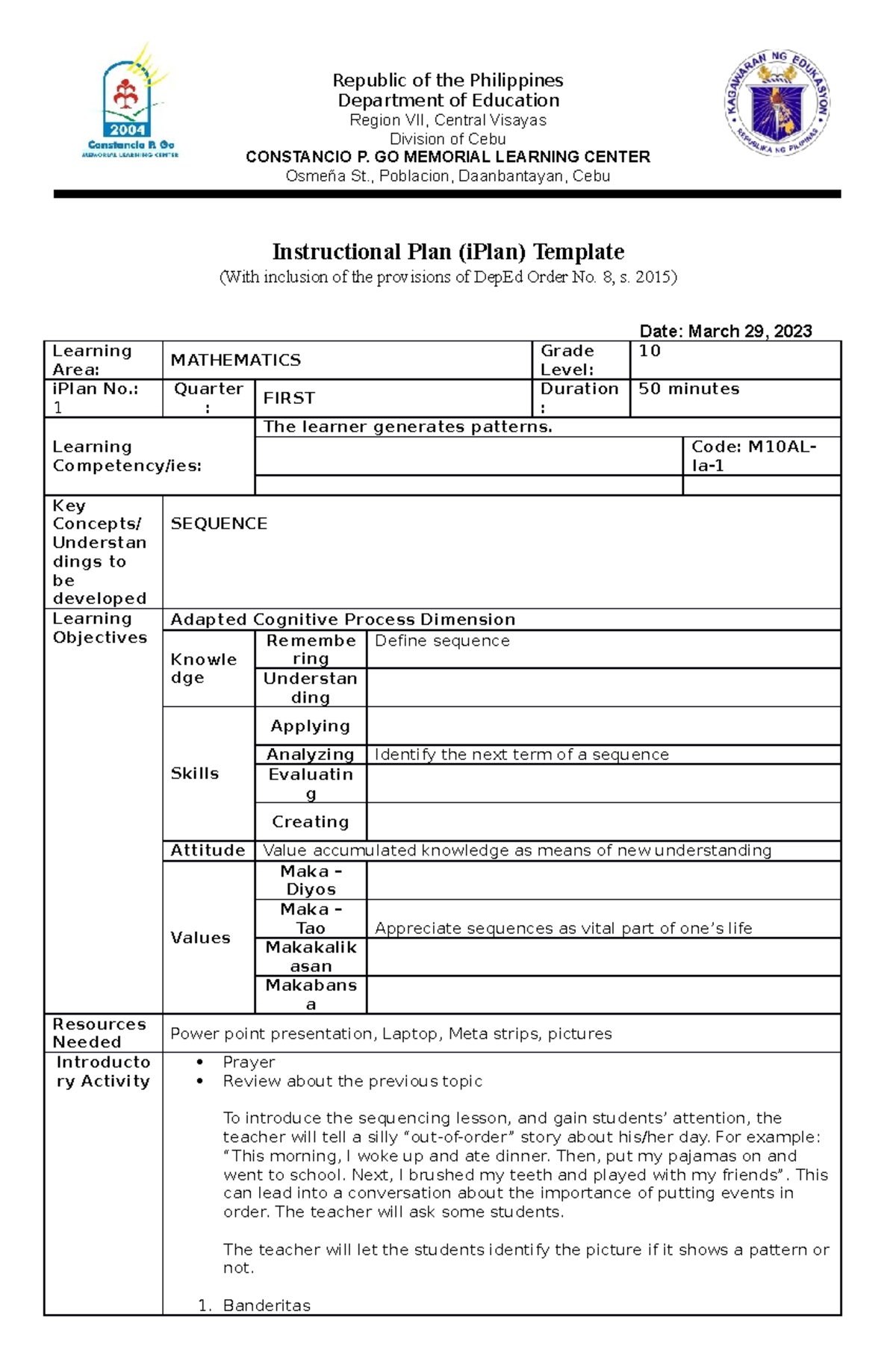 Iplan-MATH-10 - DLP - Republic of the Philippines Department of ...