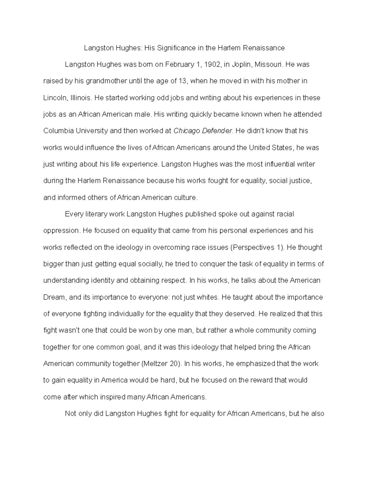 Harlem Renaissance Paper - Langston Hughes: His Significance in the ...