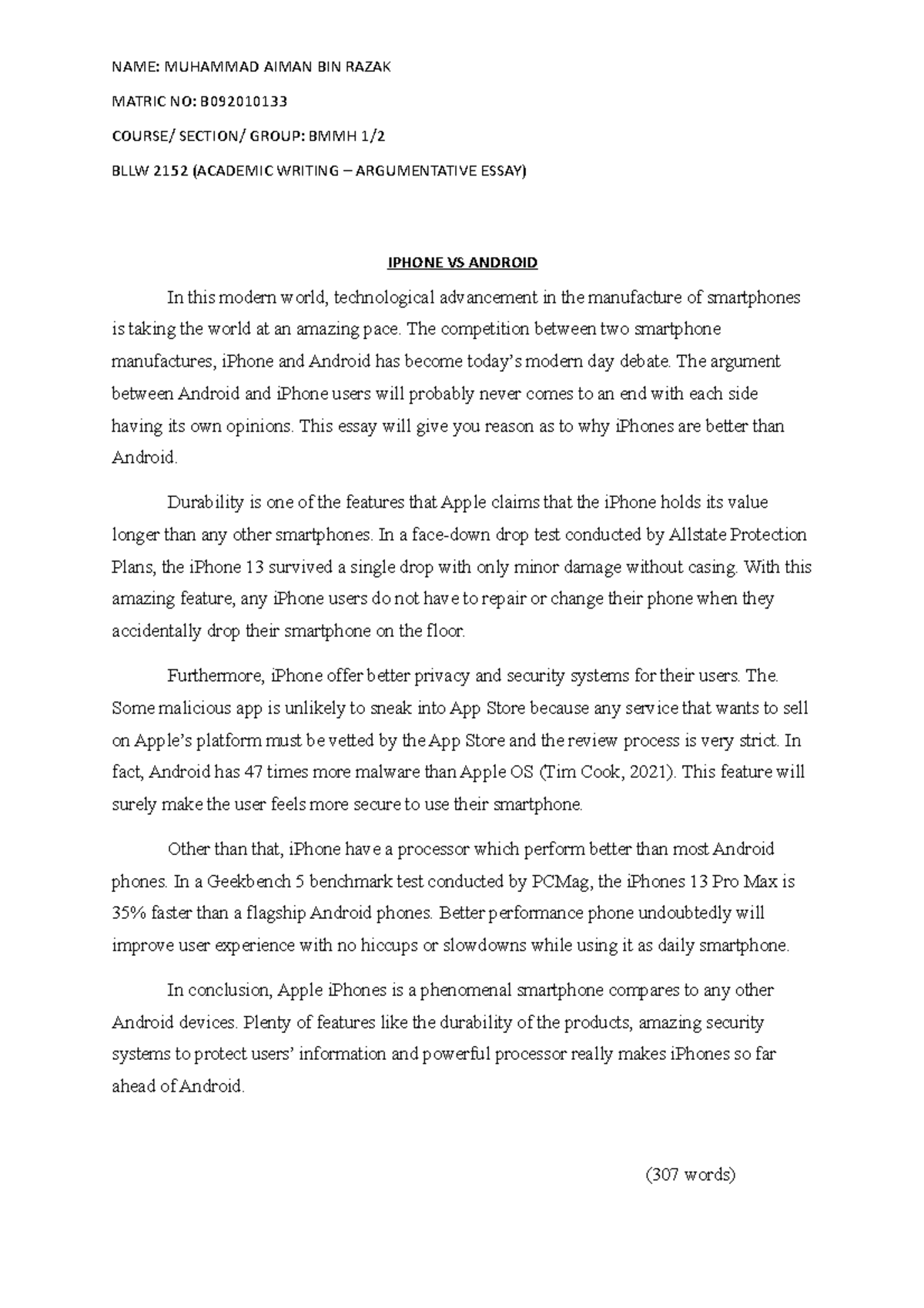 AE. Aiman Razak - Argumentative Essay - NAME: MUHAMMAD AIMAN BIN RAZAK ...