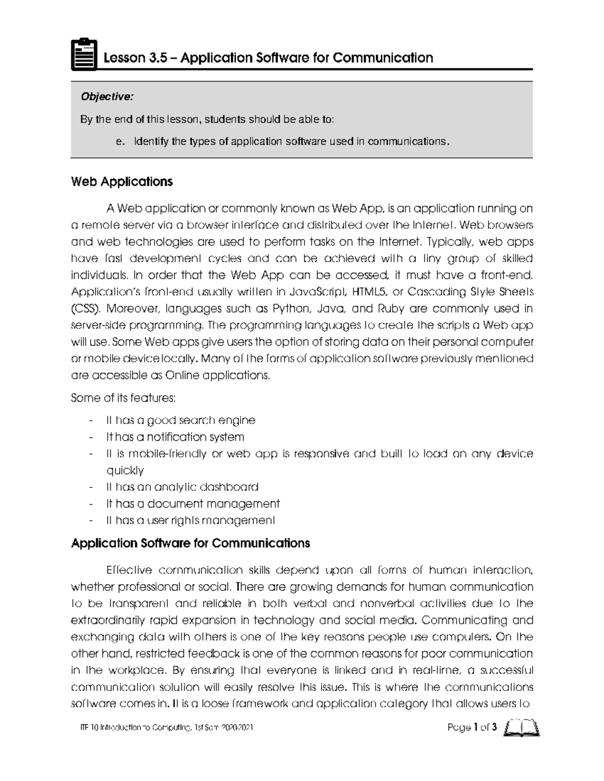 Lesson 3.5 Application Software for Communication - Computer ...