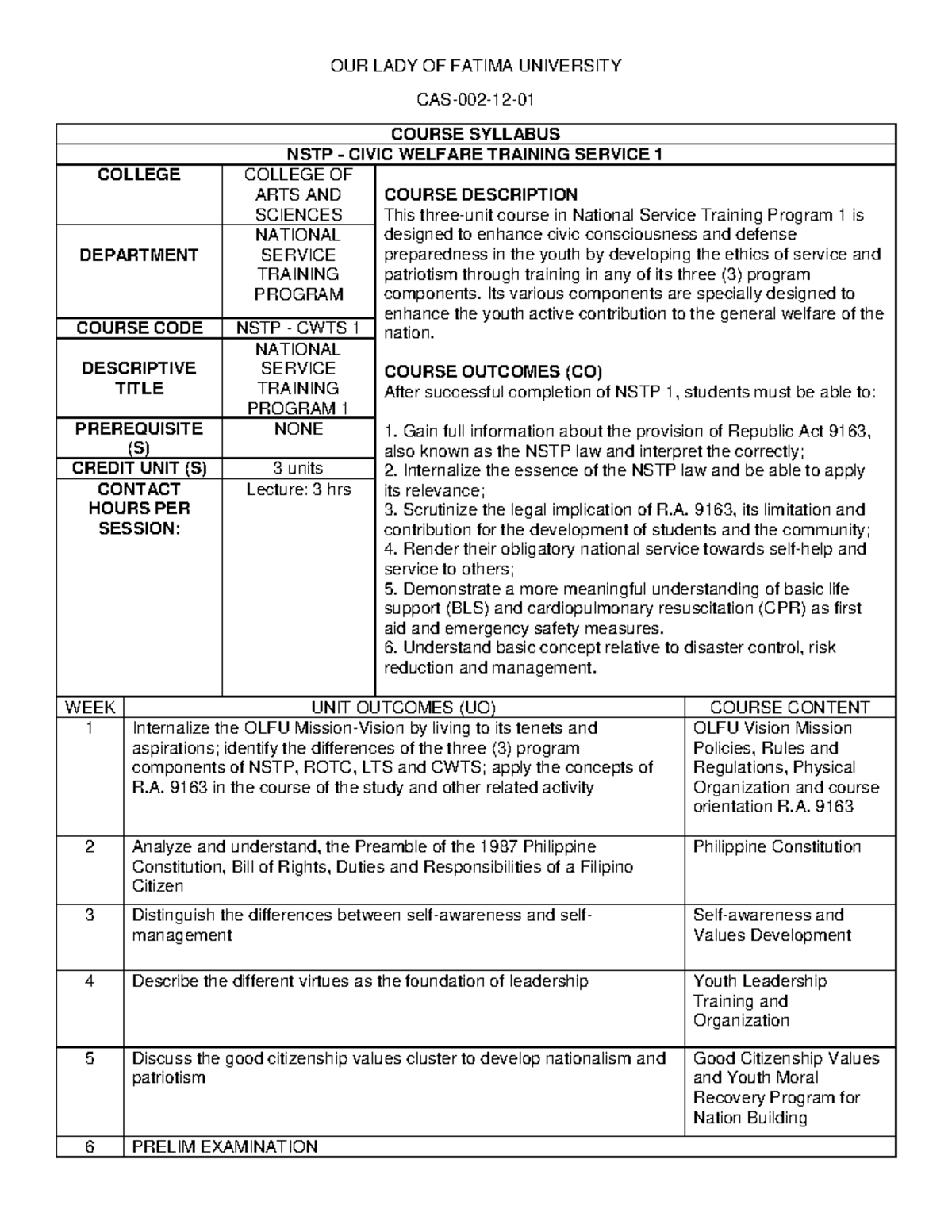 NSTP 1 Syllabus 1 - Summary National Service Training Program - OUR ...