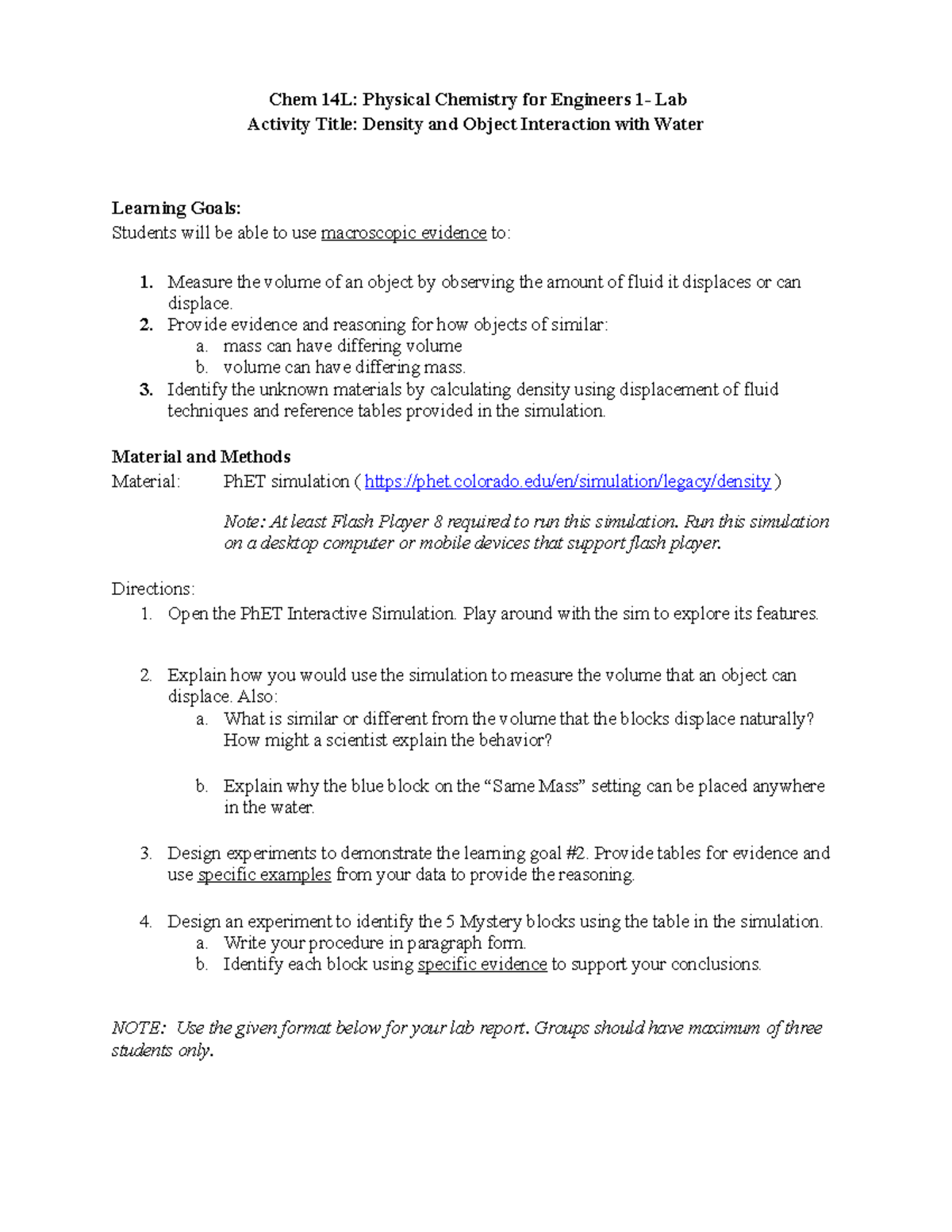 Cristine Bellen - Chem 14L Lab Activity 1 density - Chem 14L: Physical ...