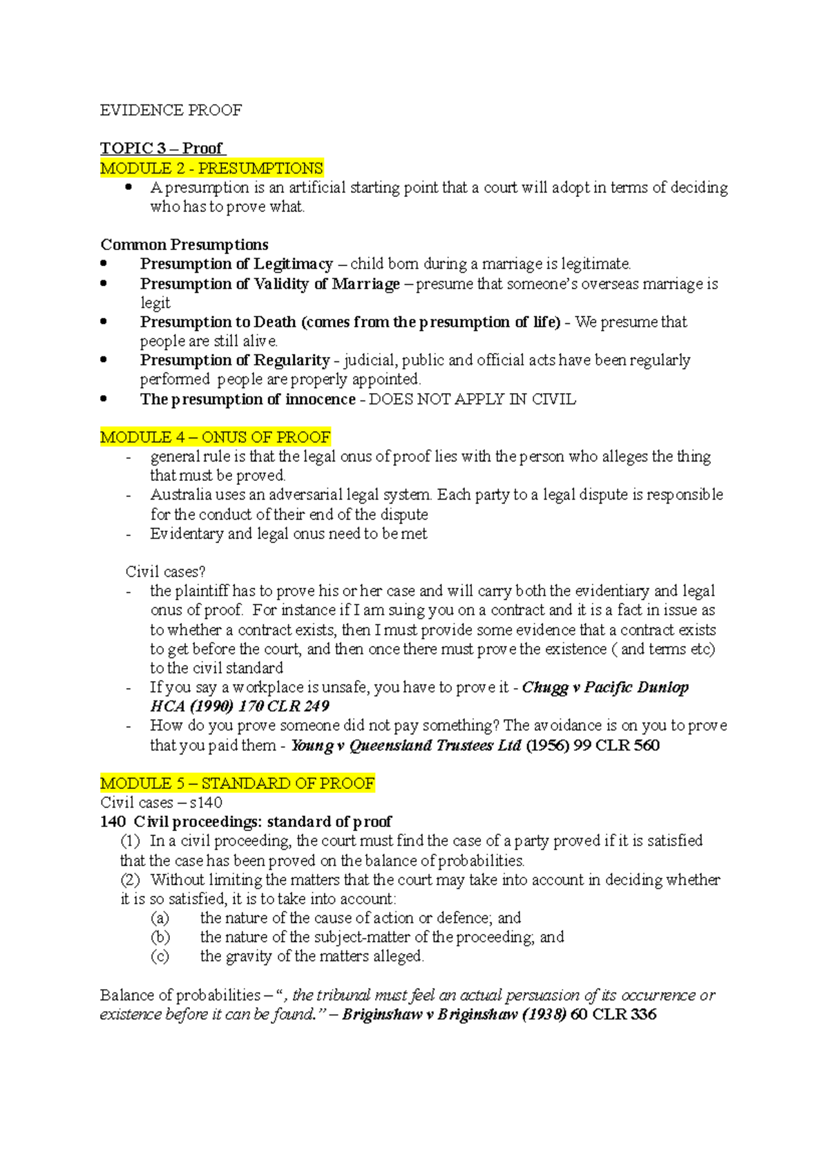 Proof notes - EVIDENCE PROOF TOPIC 3 – Proof MODULE 2 - PRESUMPTIONS A ...