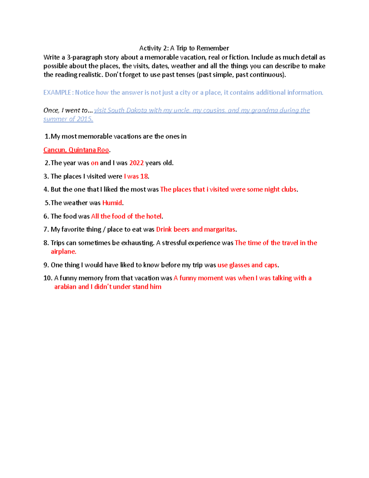 Activity 2 - ........ - Activity 2: A Trip to Remember Write a 3 ...