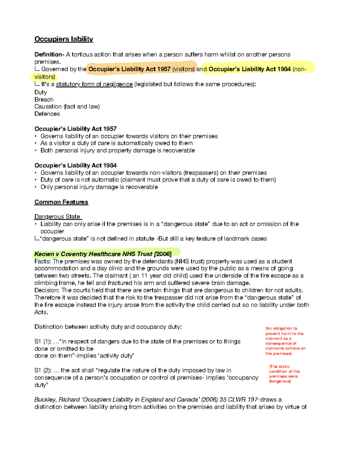 Week 6 - Occupier’s Liability - Occupiers lability Definition- A ...
