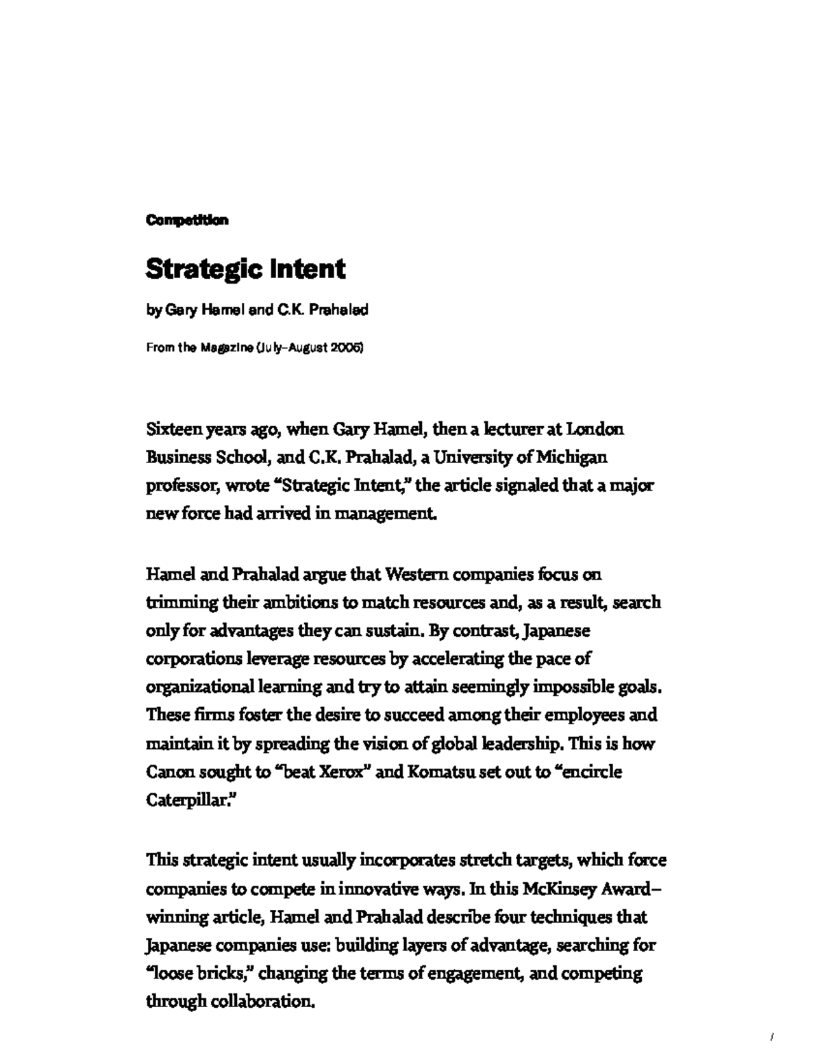Pre-LOB: A Prelude to a Challenging MBA Journey - Competition Strategic Intent by Gary Hamel and ...