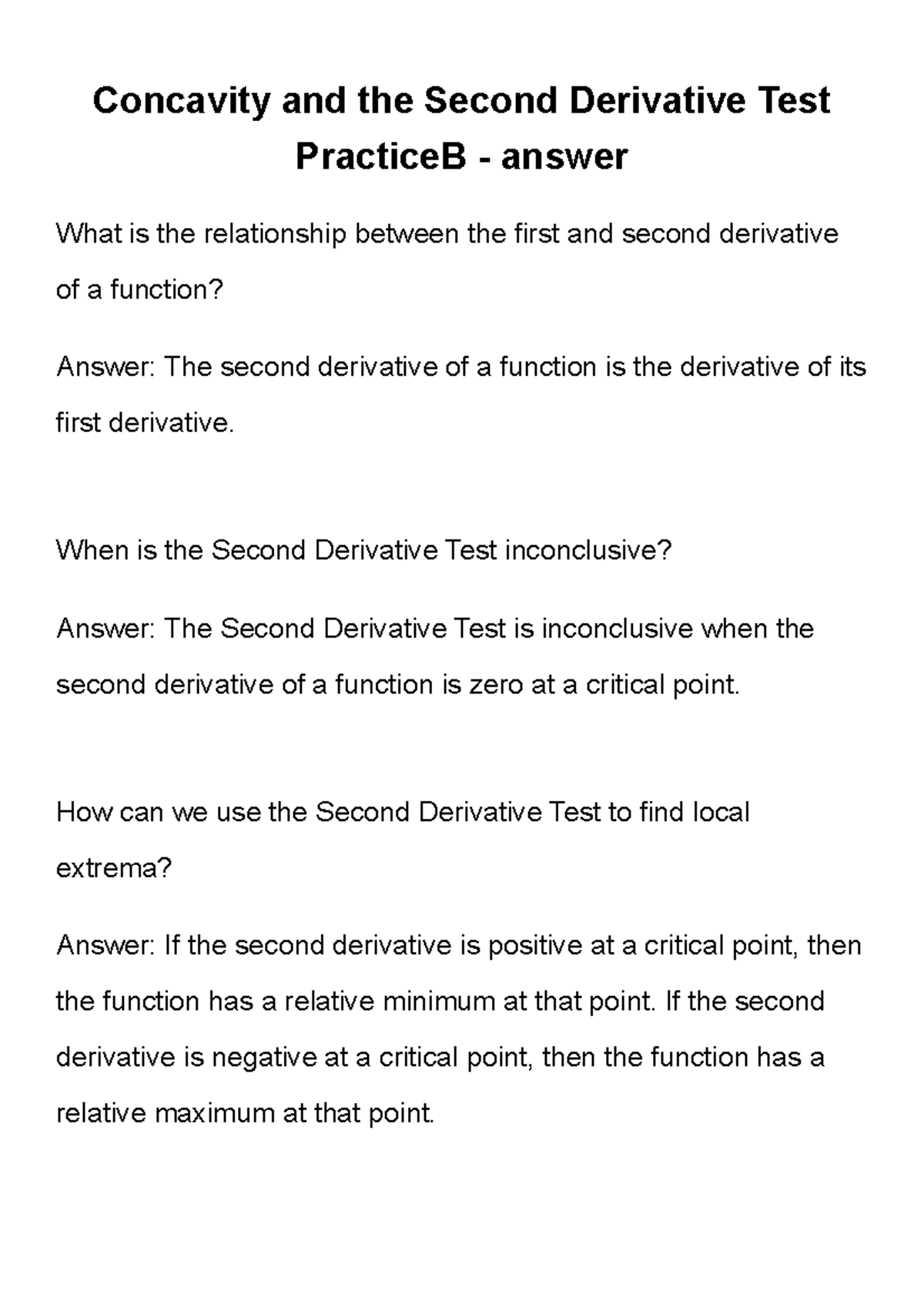 Concavity and the Second Derivative Test Practice B - answer ...