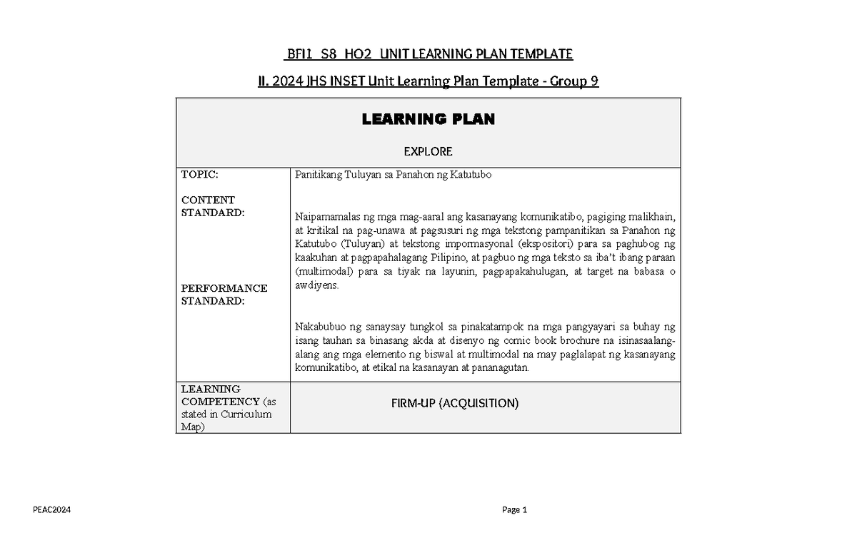 Final UNIT Learning PLAN Template Group 9 - BFI1_S8_HO2_UNIT LEARNING ...