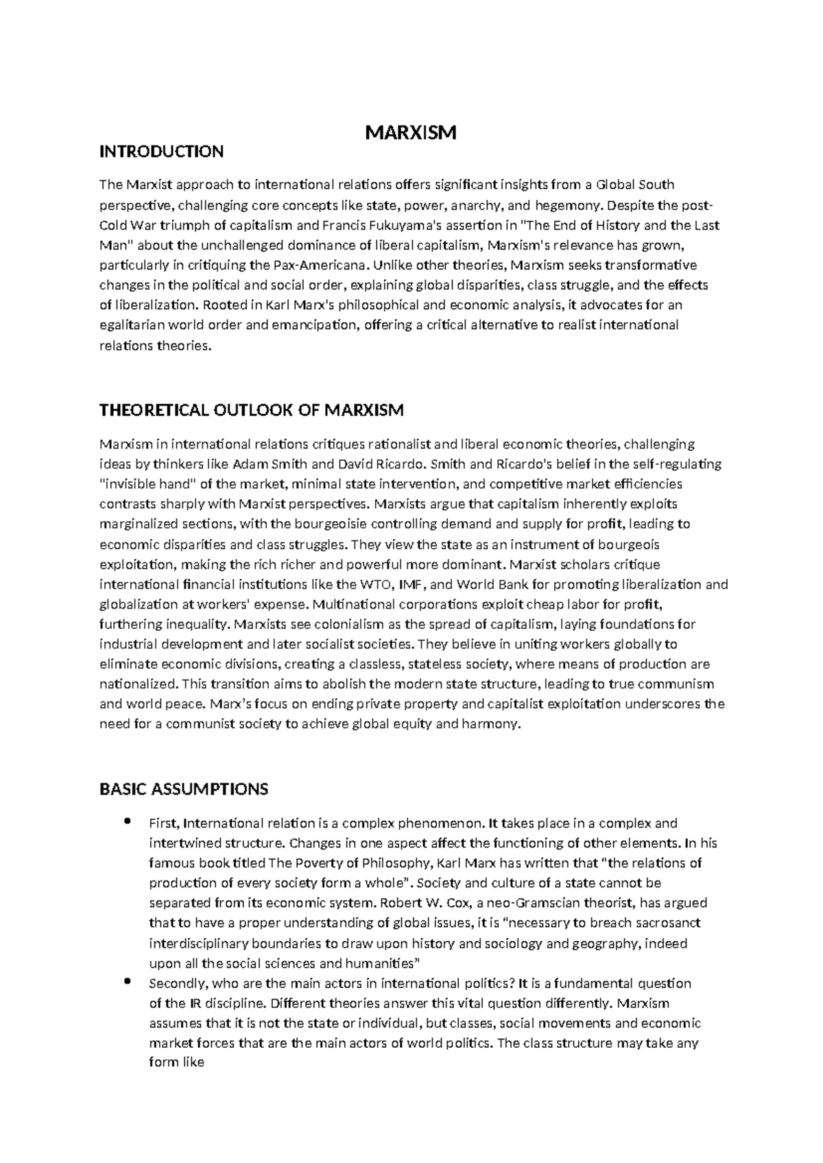 Marxism AND NEO - INTRODUCTION MARXISM The Marxist approach to ...