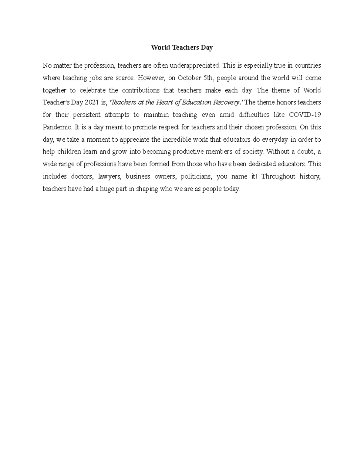 World Teachers Day - Information apt to the title itself - World ...