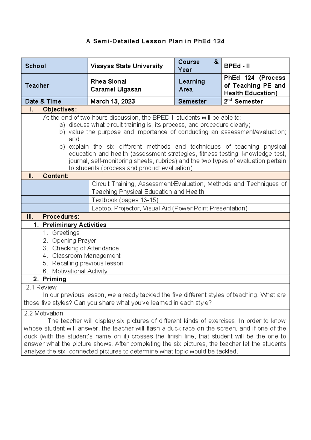 PHED 124 Lesson PLAN - A Semi-Detailed Lesson Plan in PhEd 124 School Visayas State University ...