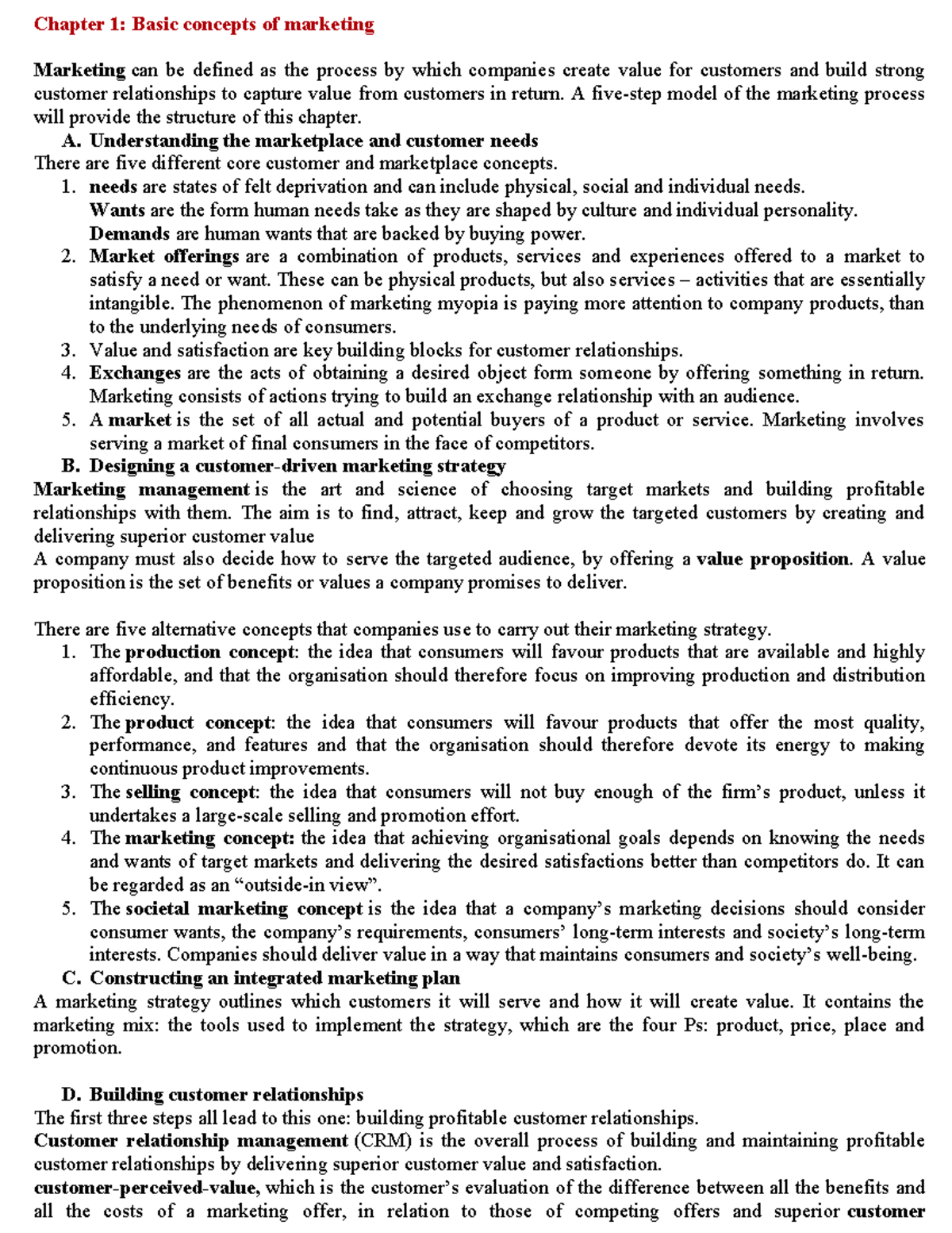 Principle of marketing - Chapter 1: Basic concepts of marketing Marketing can be defined as the ...