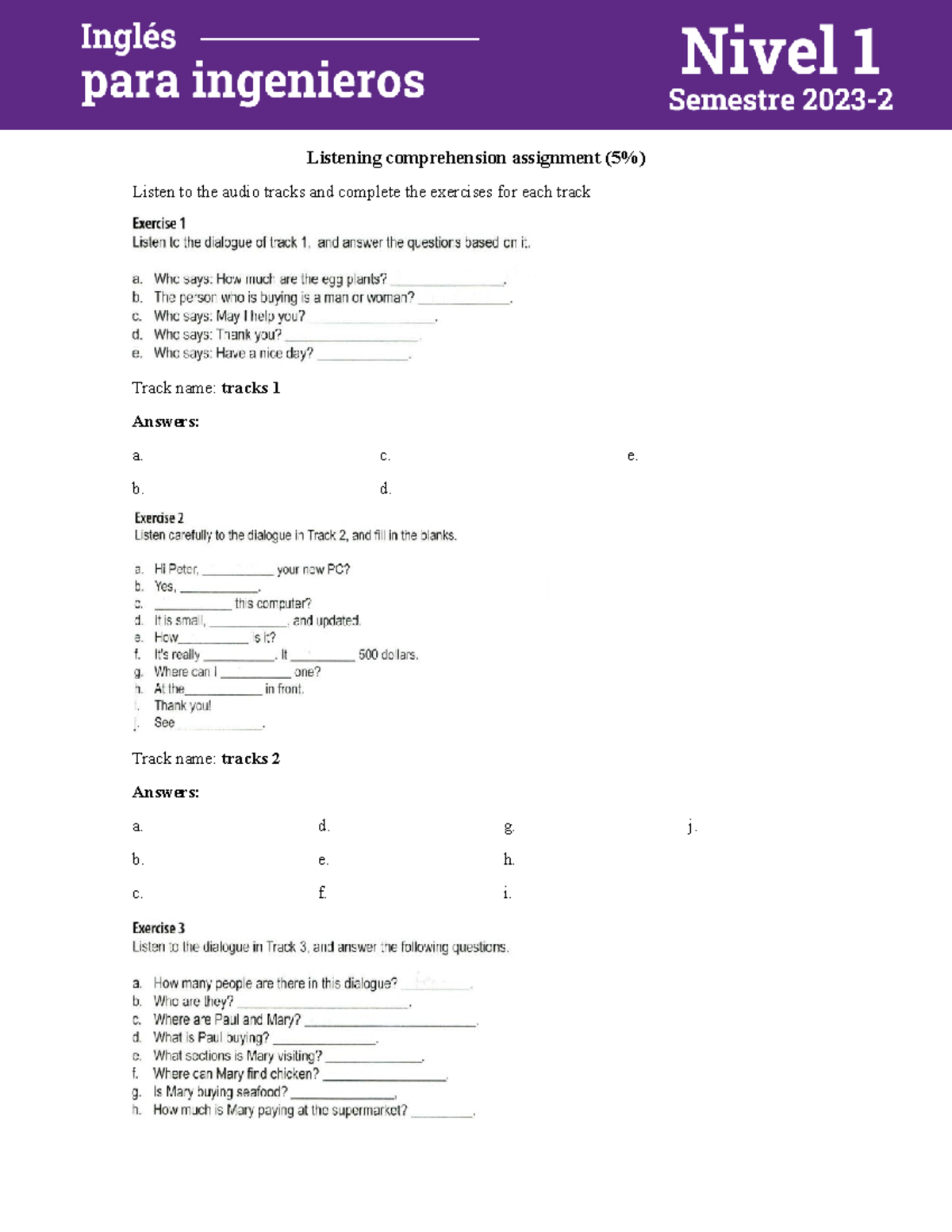 Listening comprehension assignment - ingles 1 - b. c. d. e. Track name ...
