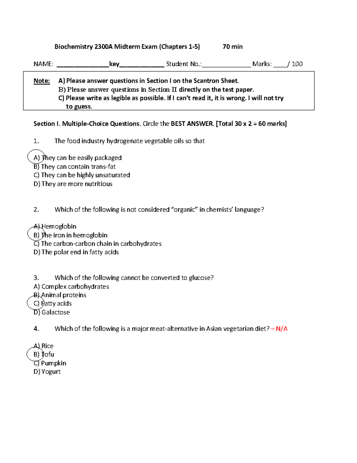 Midterm 1A 9 February 2017, questions and answers - Biochemistry 2300A ...