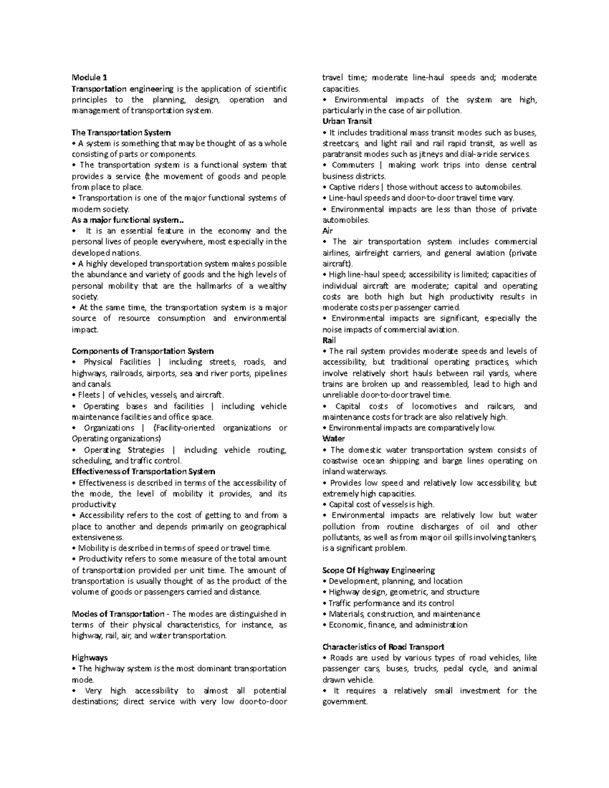 Highways reviewer - Notes - Module 1 Transportation engineering is the ...