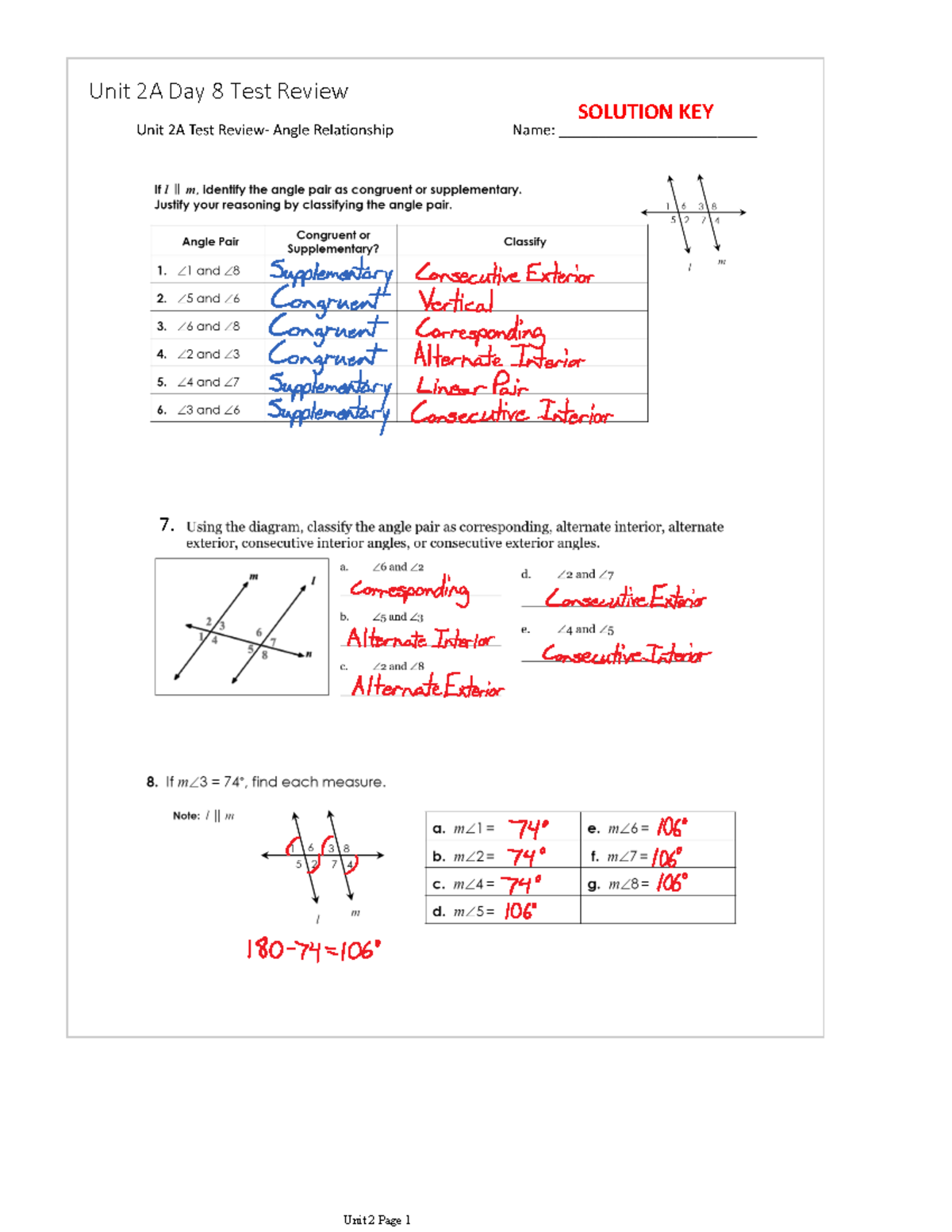 Test Review Unit 2A-KEY - SOLUTION KEY Unit 2A Day 8 Test Review Yes ...