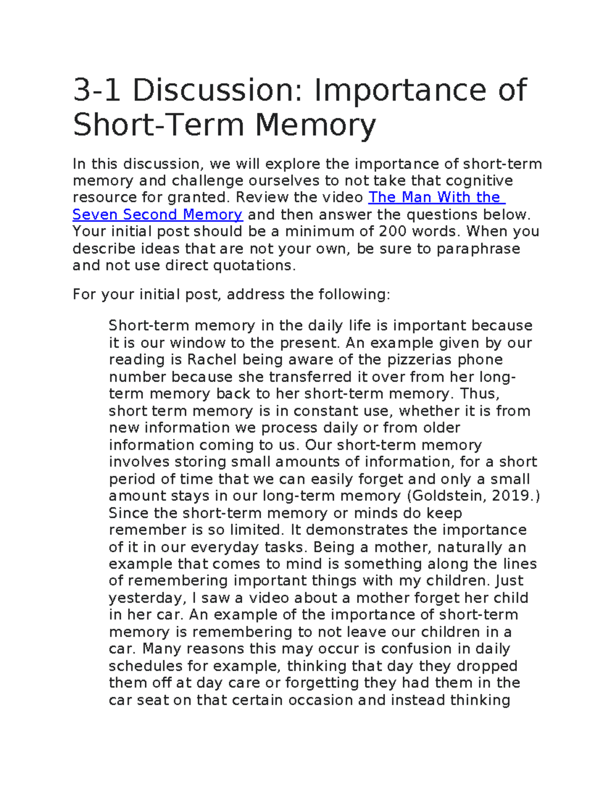 Discussion 3 - 3-1 Discussion: Importance of Short-Term Memory In this ...